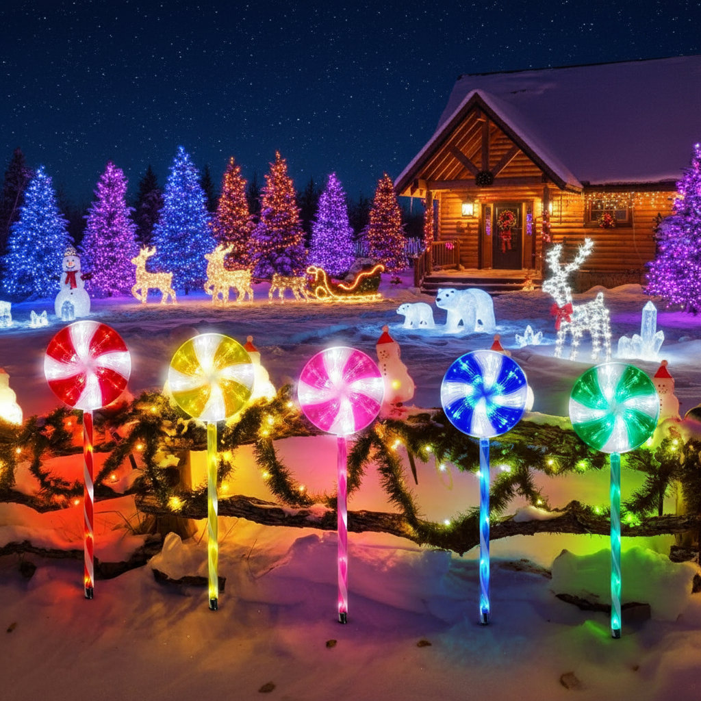 The Holiday Aisle® Set Of 5 Outdoor Solar Pathway Lights, Peppermint ...