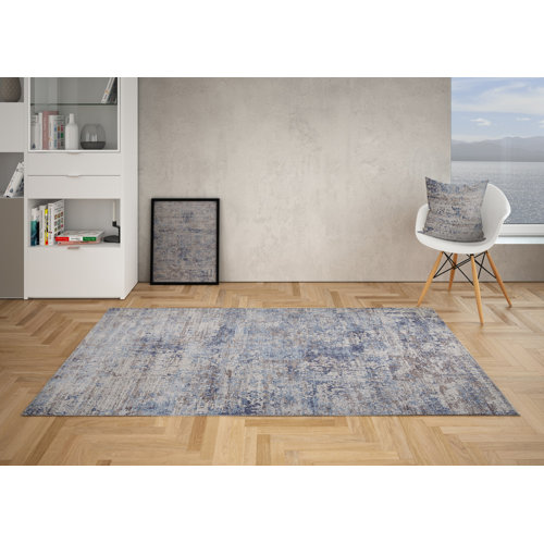 17 Stories Abstract Machine Washable Area Rug Woven in Blue/Cream/Gray ...