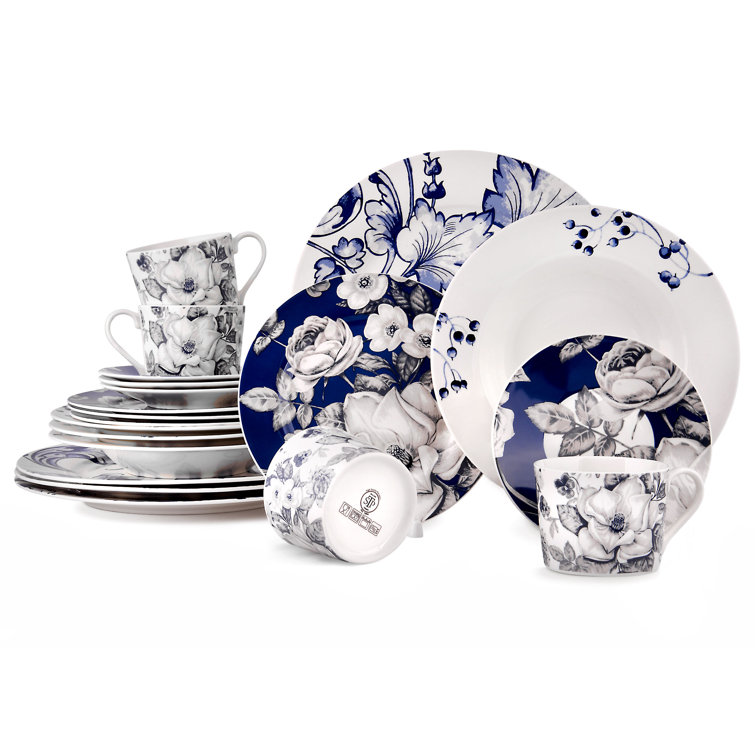 STP Goods Blue Magnolia 20 Piece Porcelain China Dinnerware Set ...