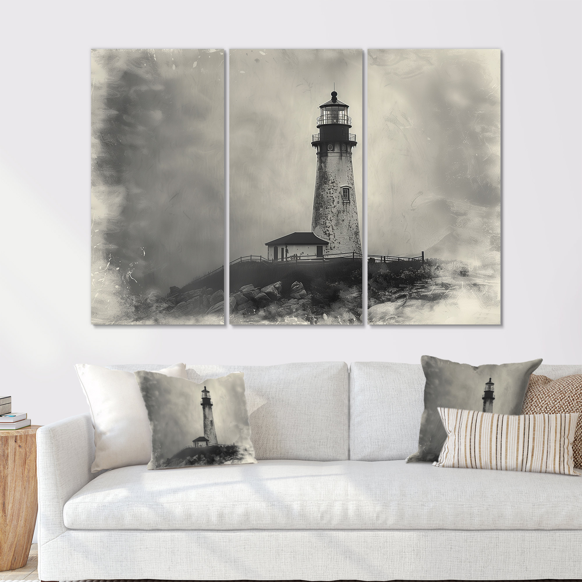 Longshore Tides Vintage Monochrome Lighthouse Winter Fog Cliff ...