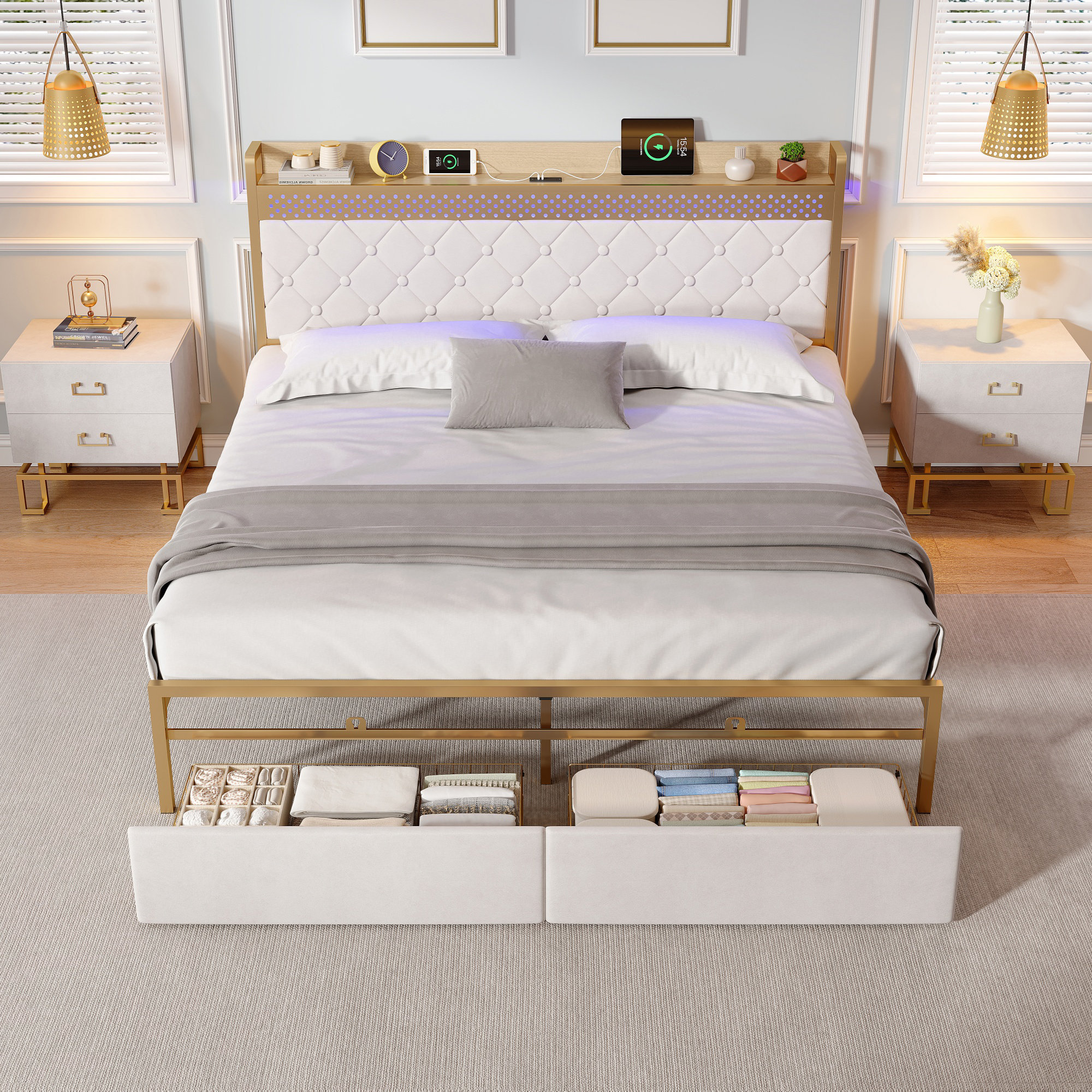 Metro Lane 4Ft6 Double Velvet Bed With 2 Storage Drawers, RGB LED ...