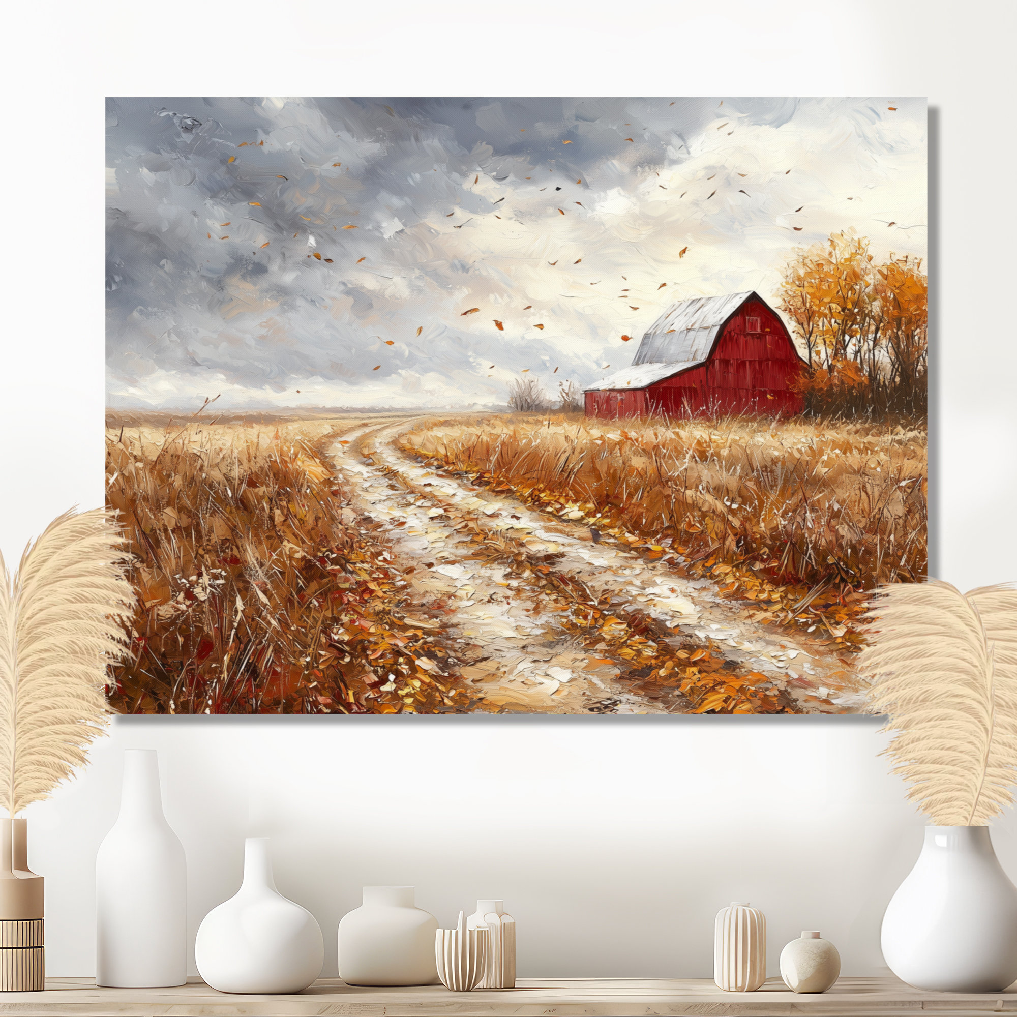 Gracie Oaks Windy Prairie Leaves Path To The Farm II - Leaves Wall Art ...