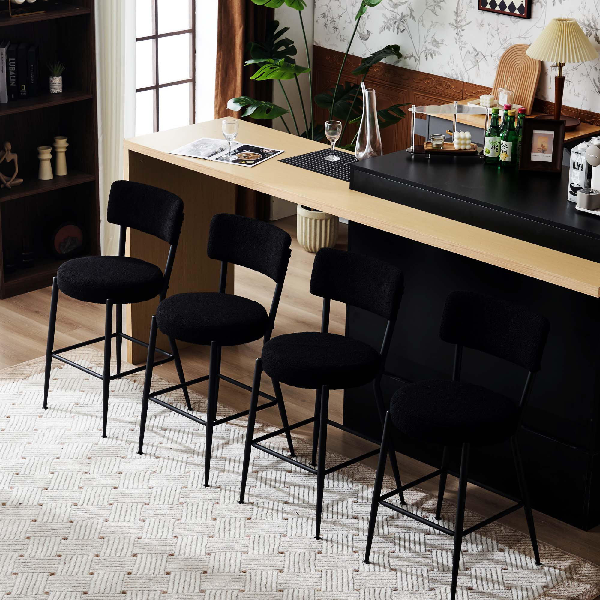 Everly Quinn Set Of 4 Modern Teddy Fabric Upholste Bar Stools - Metal ...