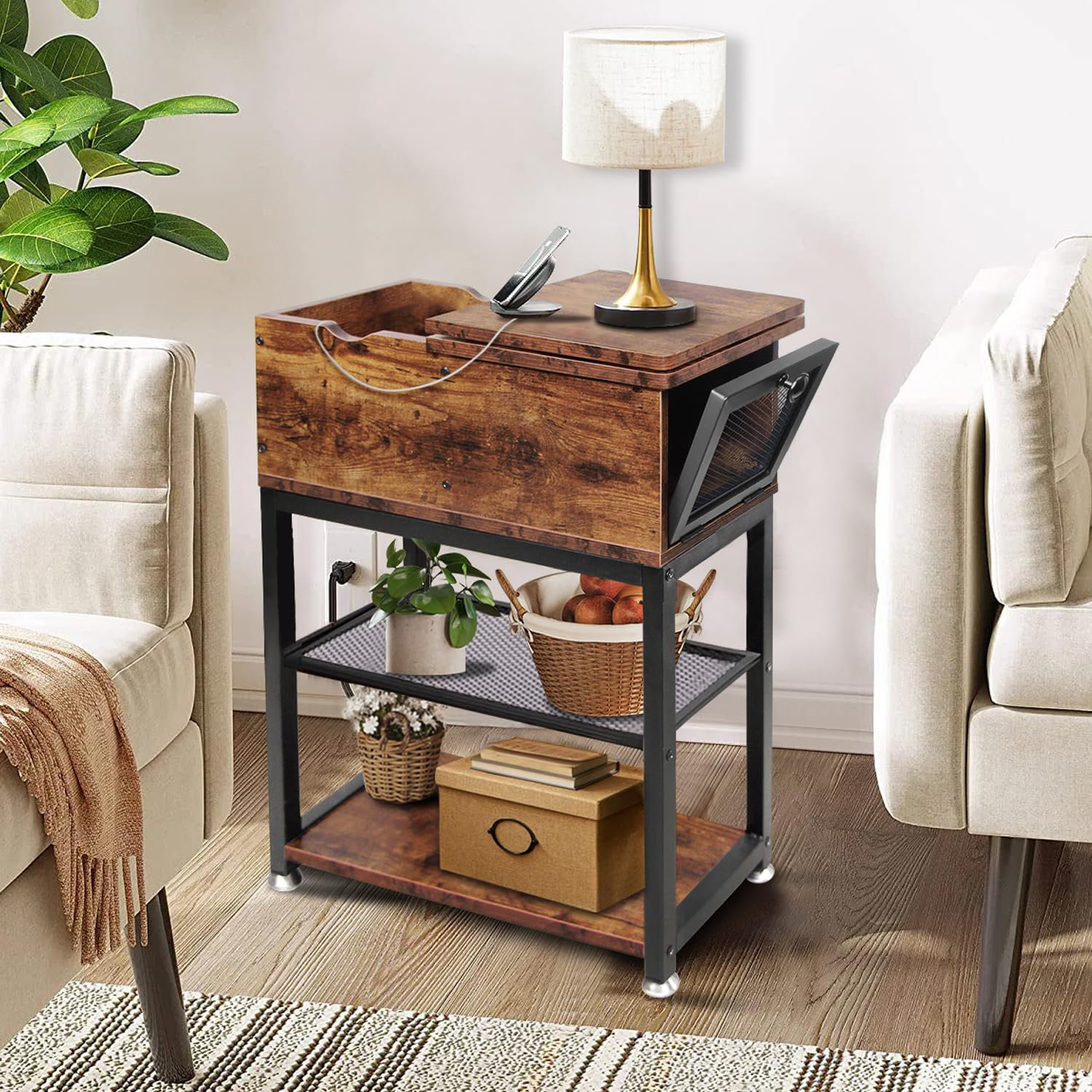 17 Stories Rustic Brown 3-In-1 Side Table With Charging Station, Flip ...