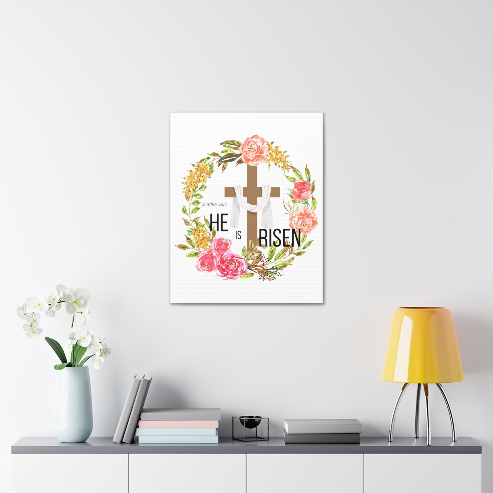Trinx Matthew 28:6 He Is Risen Floral WreathBible Verse Canvas ...