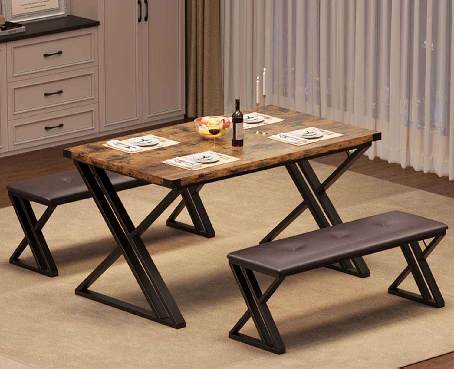 17 Stories Dining Table Set With 2 Upholstered Benches, Z-Shaped Leg ...
