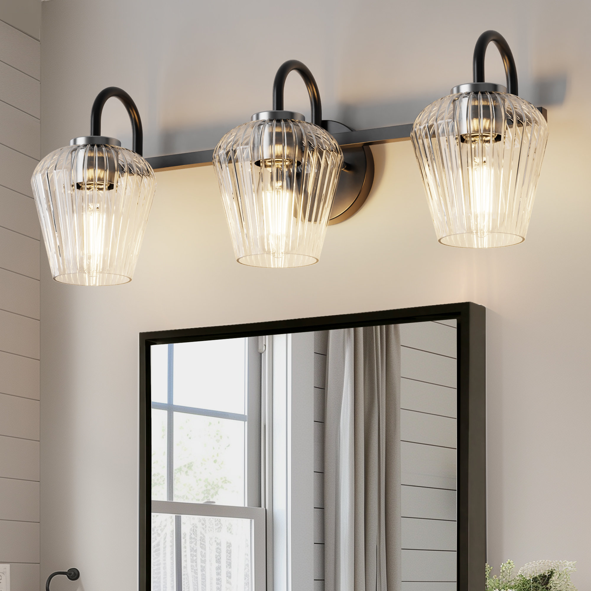 Breakwater Bay Sleek Modern 3-Light Black Vanity Fixture With Ribbed ...