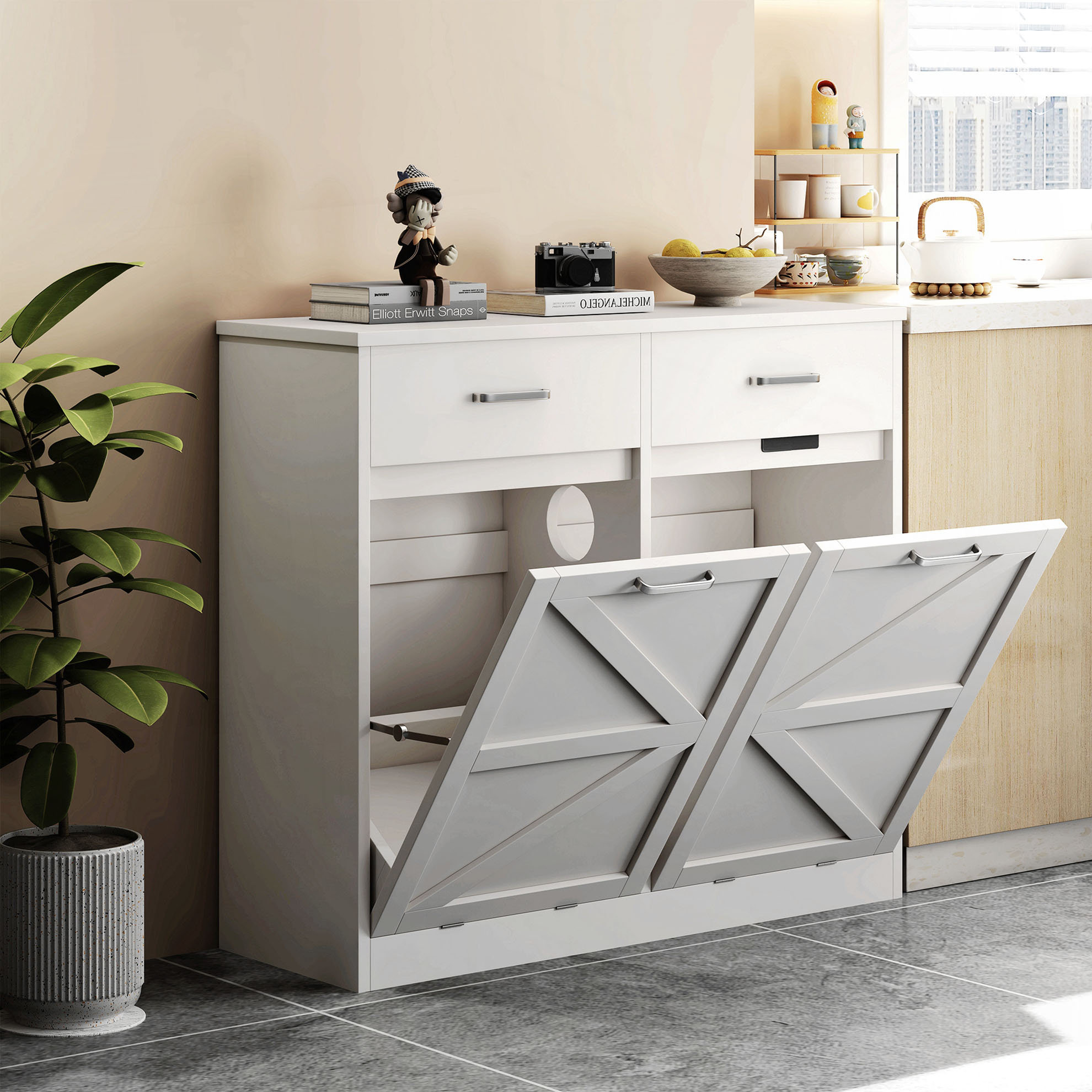 weixunguang Trash Can, White Tilt Out Trash Cabinet With 2 Drawer ...