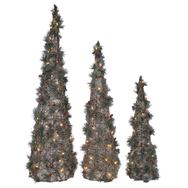 The Holiday Aisle® Cone Trees with Greenery Pre-Lit - Set of 3 | Wayfair