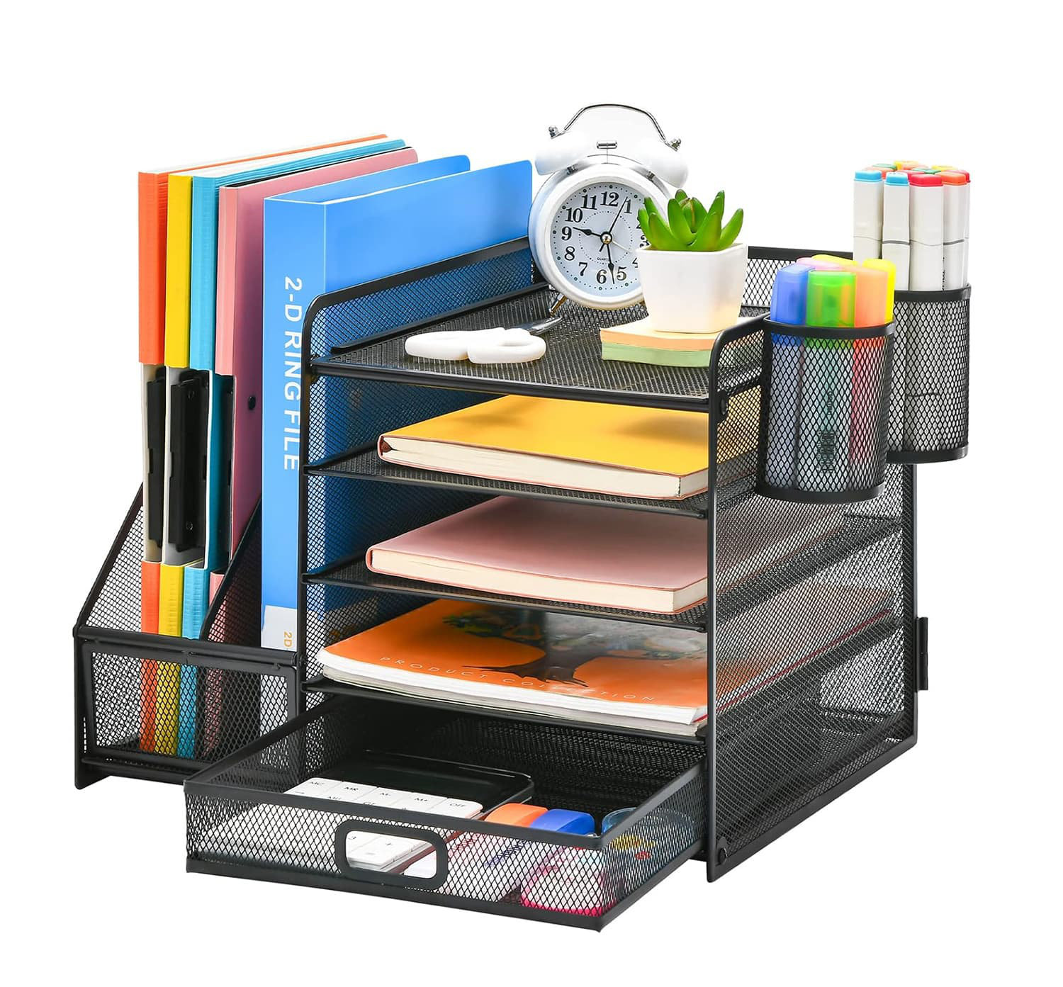 17 Stories Black Mesh Desk Organizer - 5-Tier Paper Tray, Drawer, 2 Pen ...