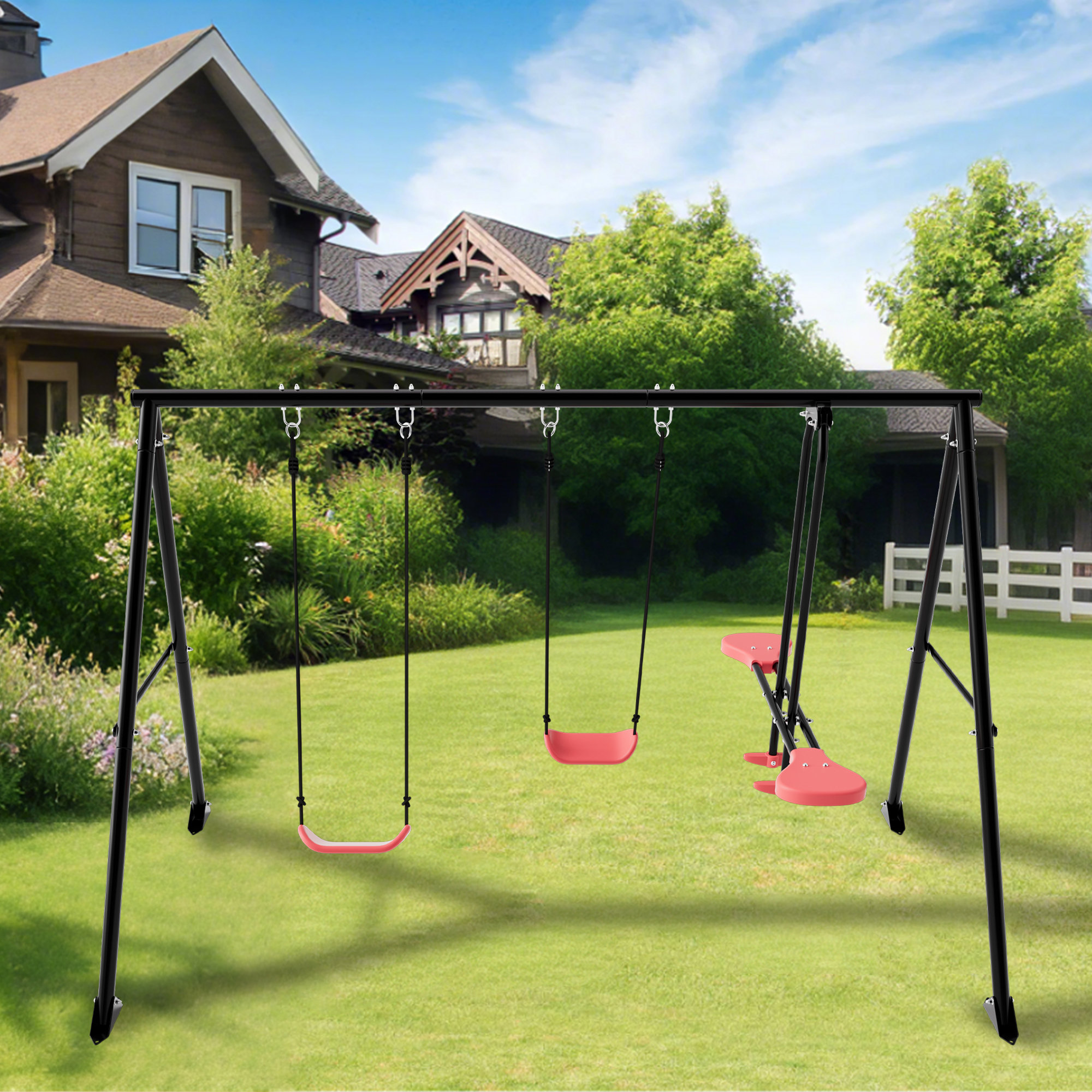 SUMIJ 3 in 1 Metal Swing Set Outdoor for Kids, ASTM Heavy Duty Swing ...