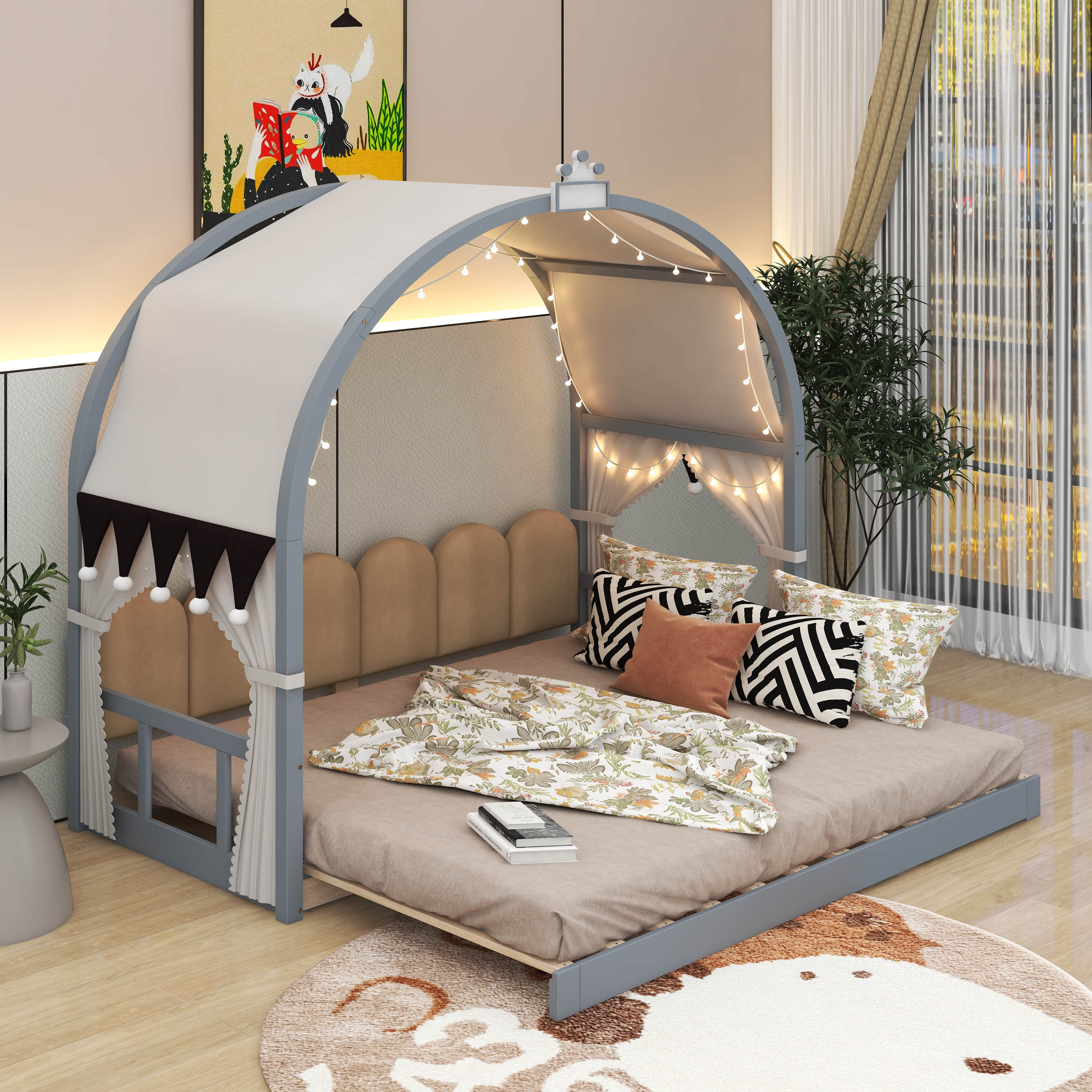 Latitude Run® Twin Size Extended Bed With Arched Roof And Trundle | Wayfair