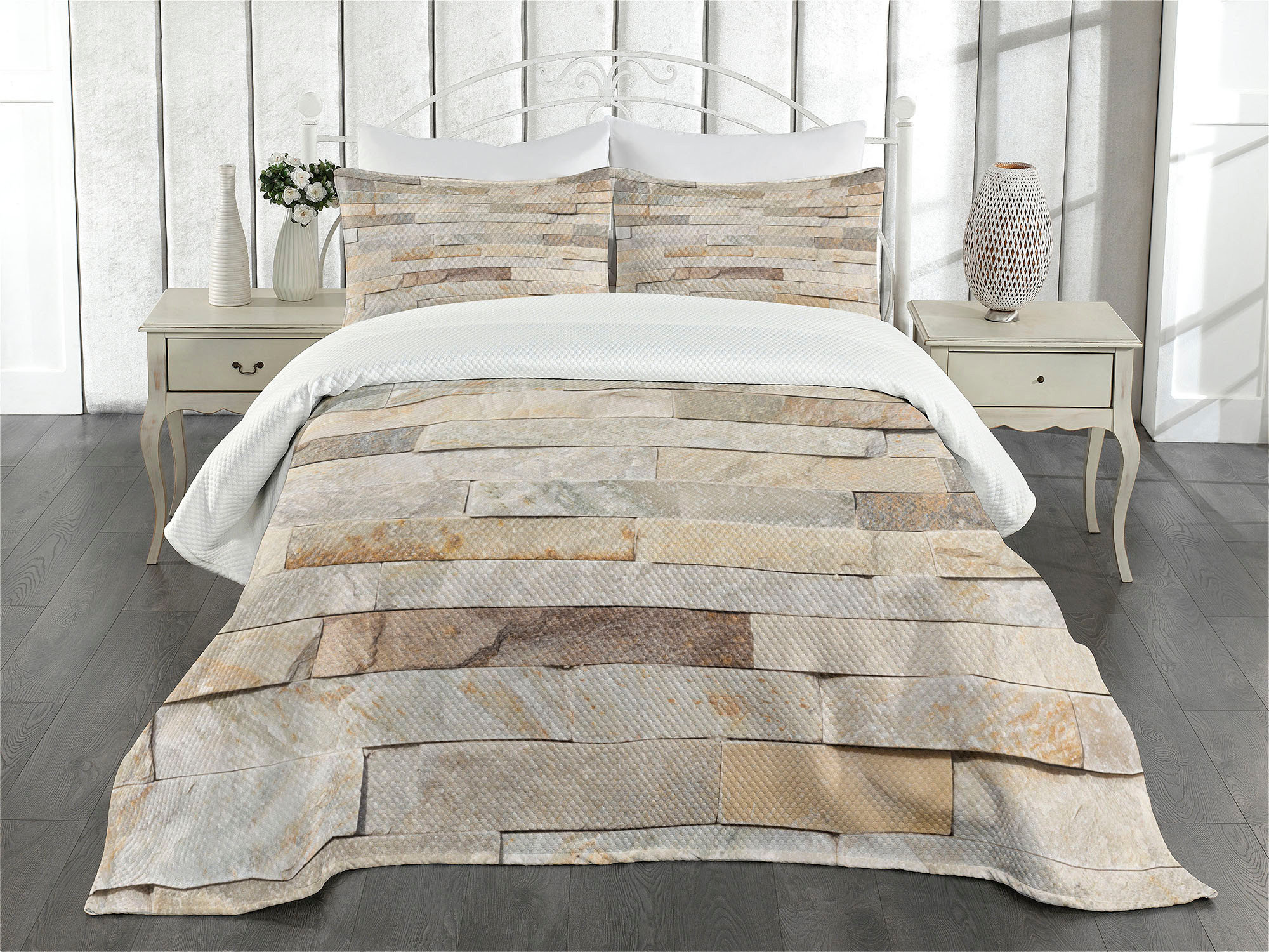 Ambesonne Ivory Bedspread Set 3 Pcs Brick Wall City King Cream Beige ...