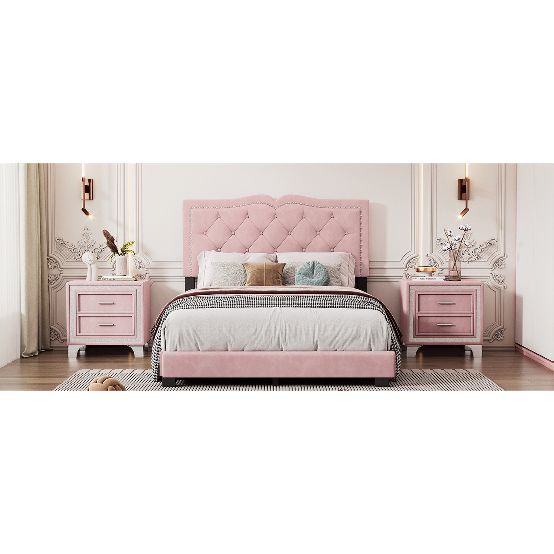 Mercer41 Full Size Platform Bed With Pink Velvet Upholstery, Headboard ...