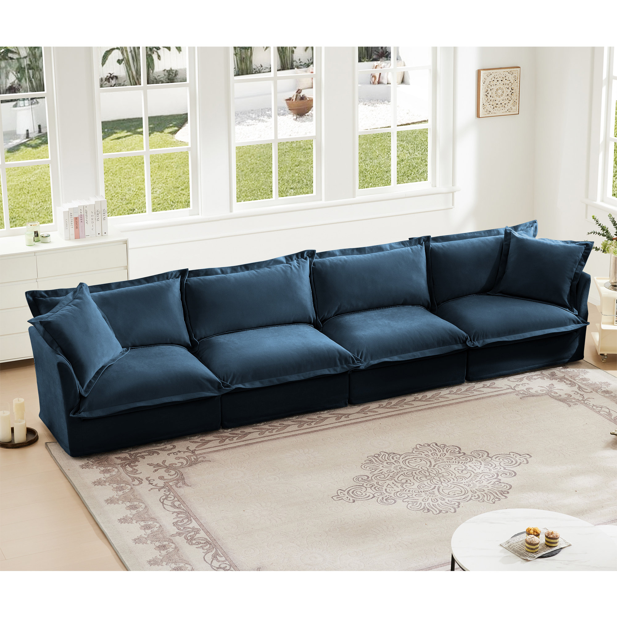 Hokku Designs Slipcovered 4-seater Long Sofa In Blue Chenille, Extra ...
