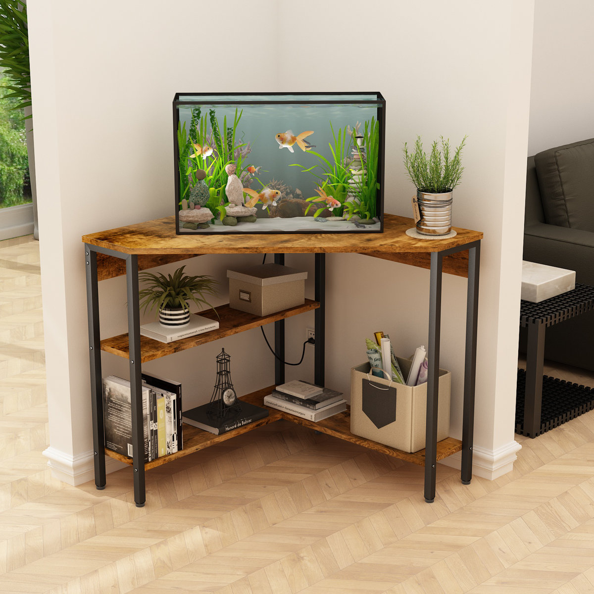 17 Stories Hatal Corner Desk with Outlets & USB Ports, 90 Degree ...