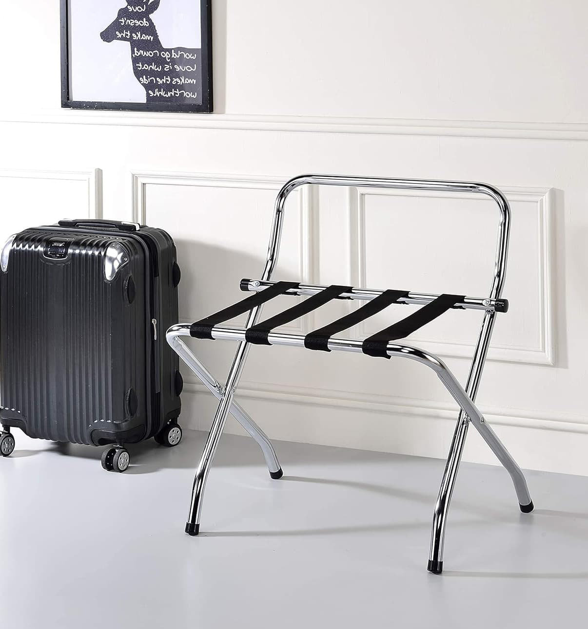 FULOFY Chrome/Black Metal Foldable High Back Luggage Rack, 28x24x19 ...