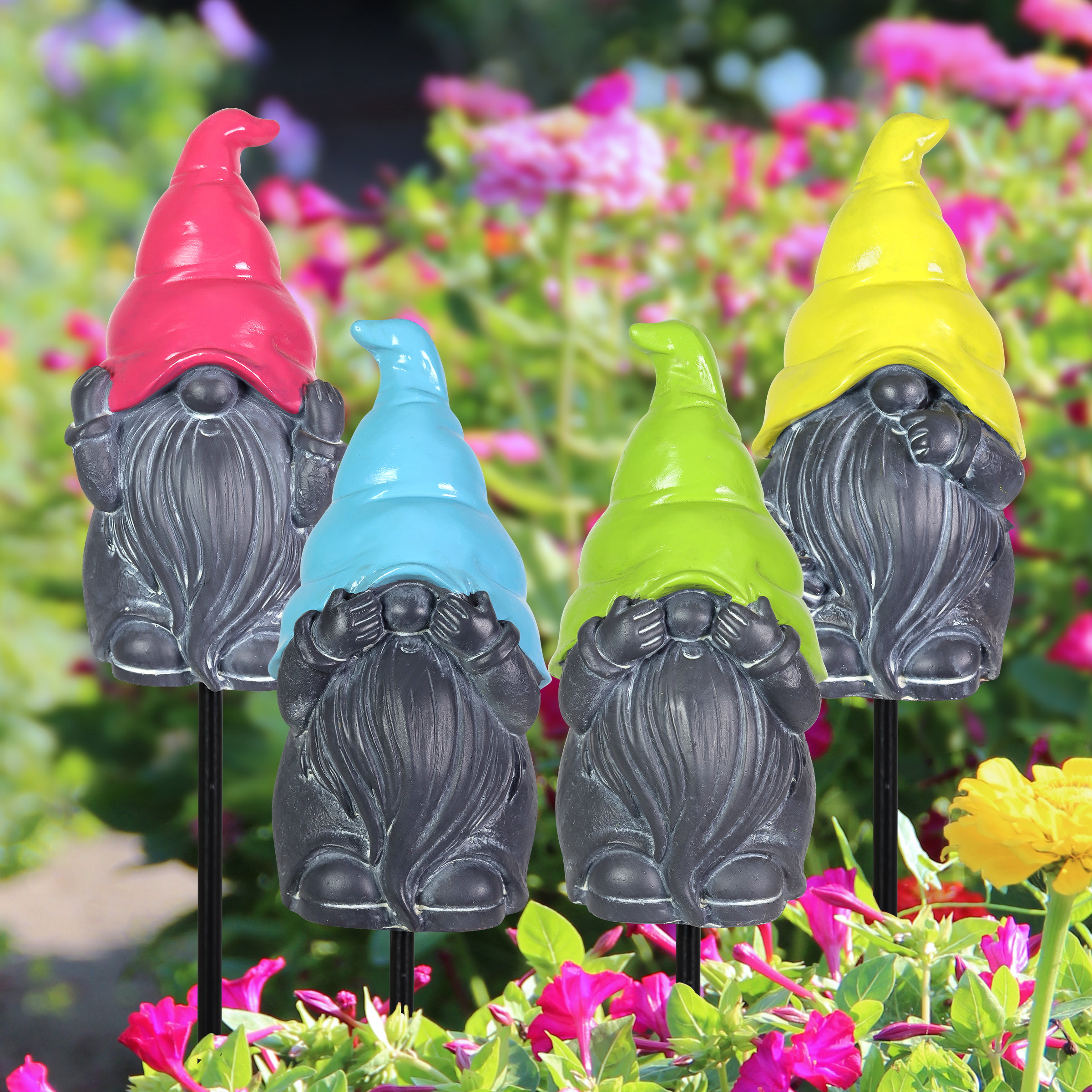 Exhart 4 Piece Grey Gnomes with Colorful Hats Plant Stake Assortmen, 3 ...
