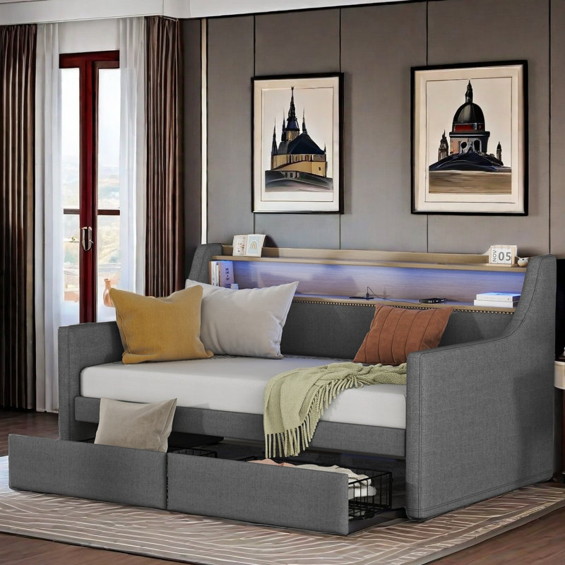 Latitude Run® Upholstered Daybed With Drawers, Charging Station And Led ...