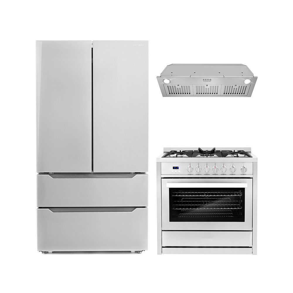 Cosmo 3 Piece Kitchen Appliance Package with French Door Refrigerator ...