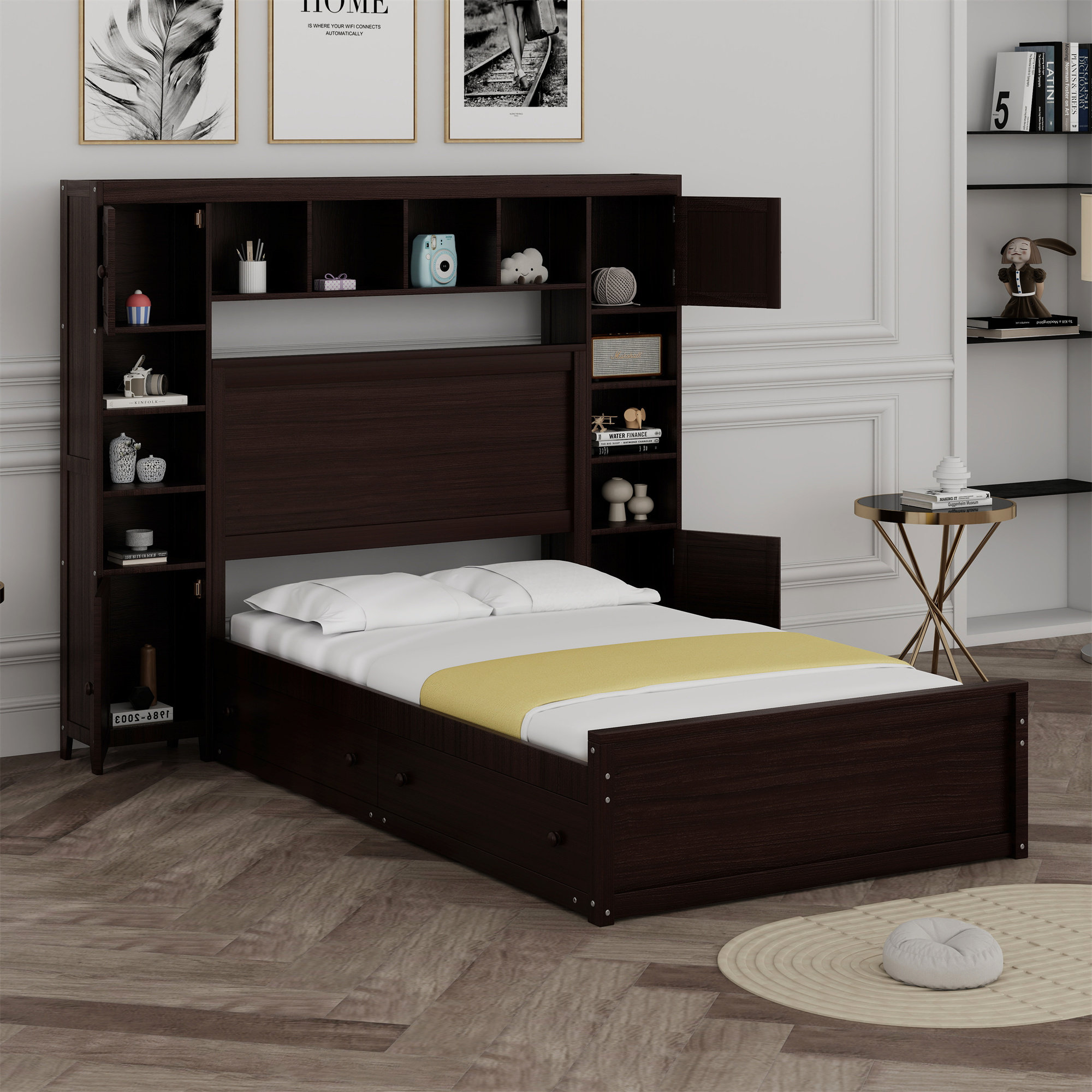Latitude Run® Wooden Bed With All-In-One Cabinet, Shelf And Sockets ...
