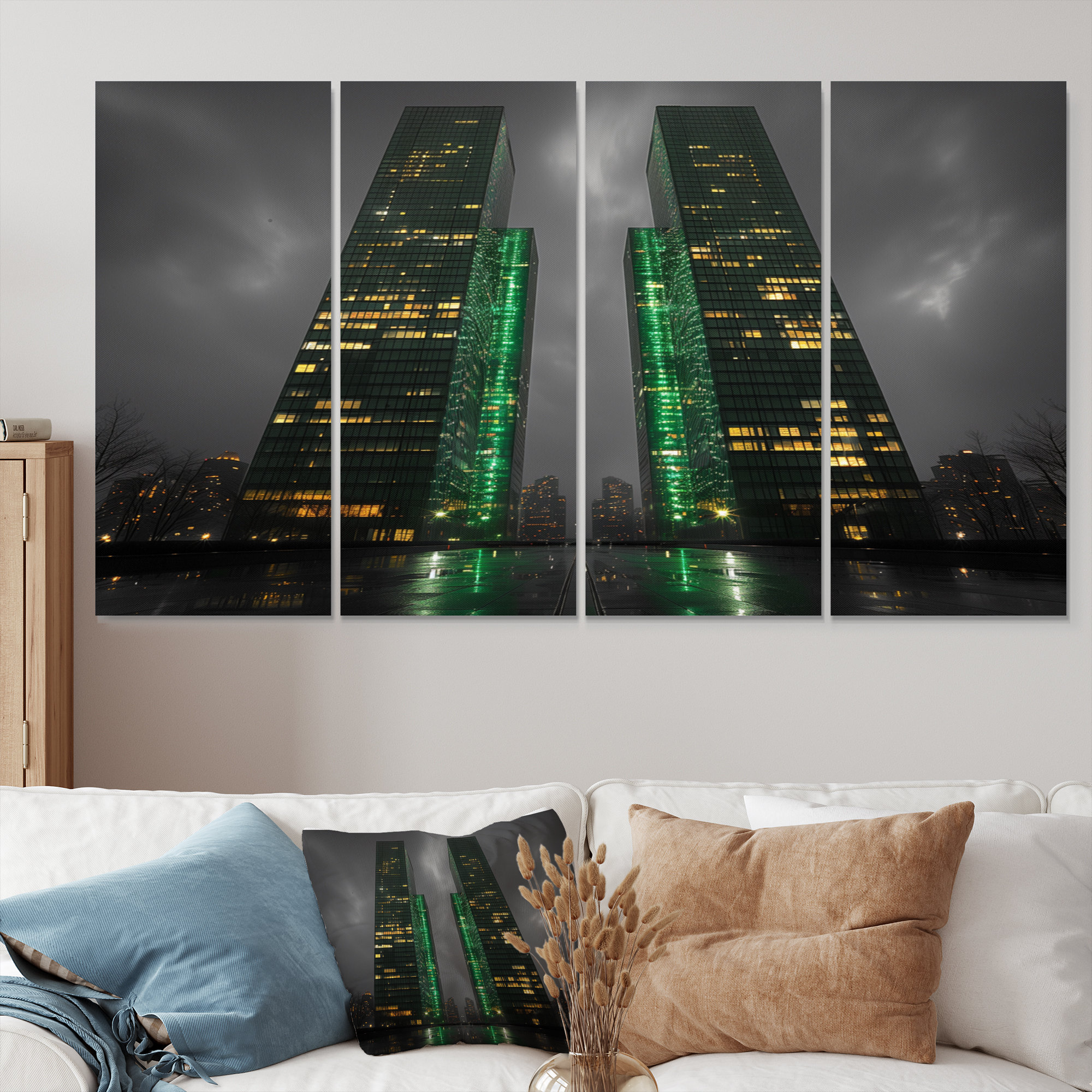 Ebern Designs Green Grey Urban Building Towers - Towers Canvas Wall Art ...