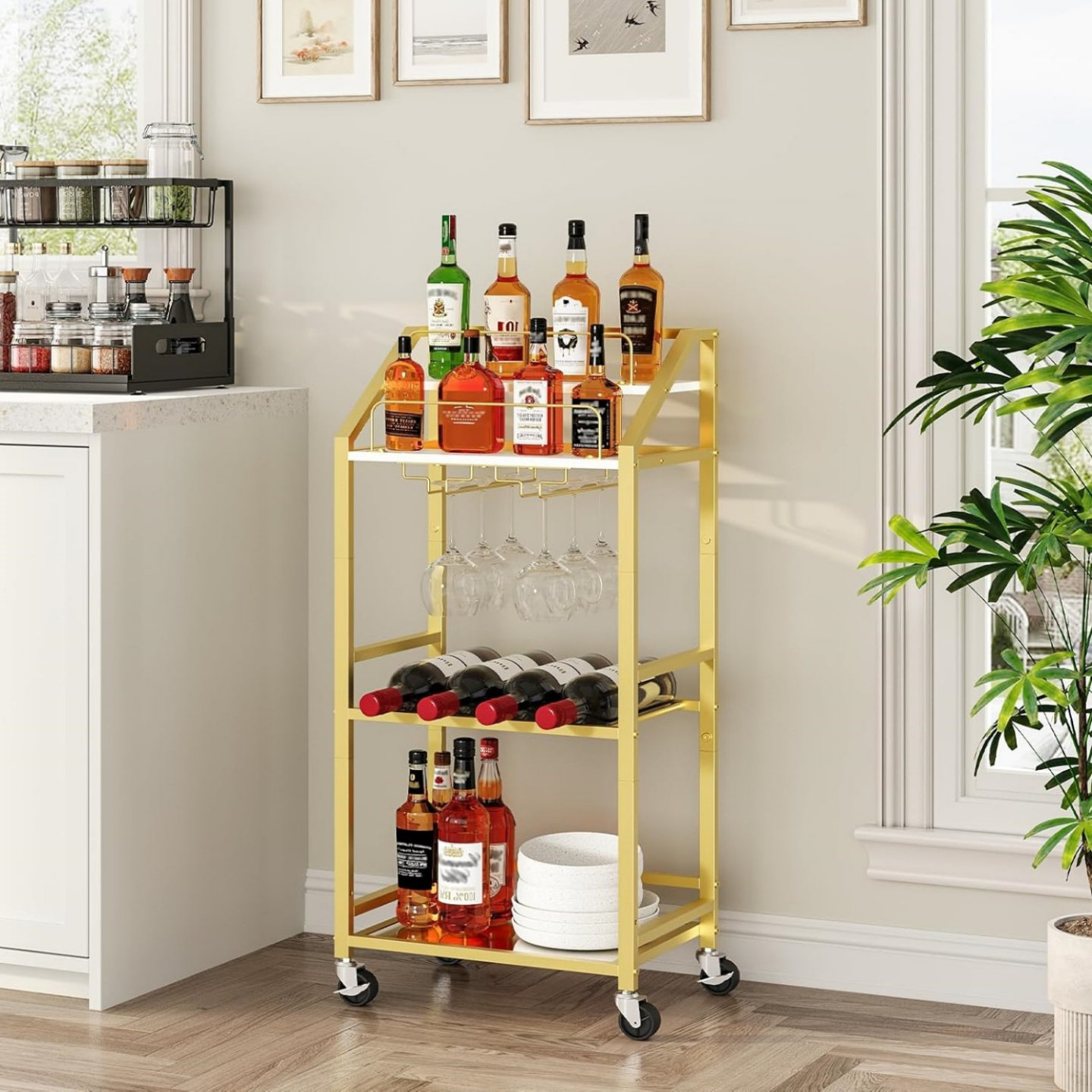 Mercer41 Bar Cart with Mirrored Shelf, Wheels | Wayfair