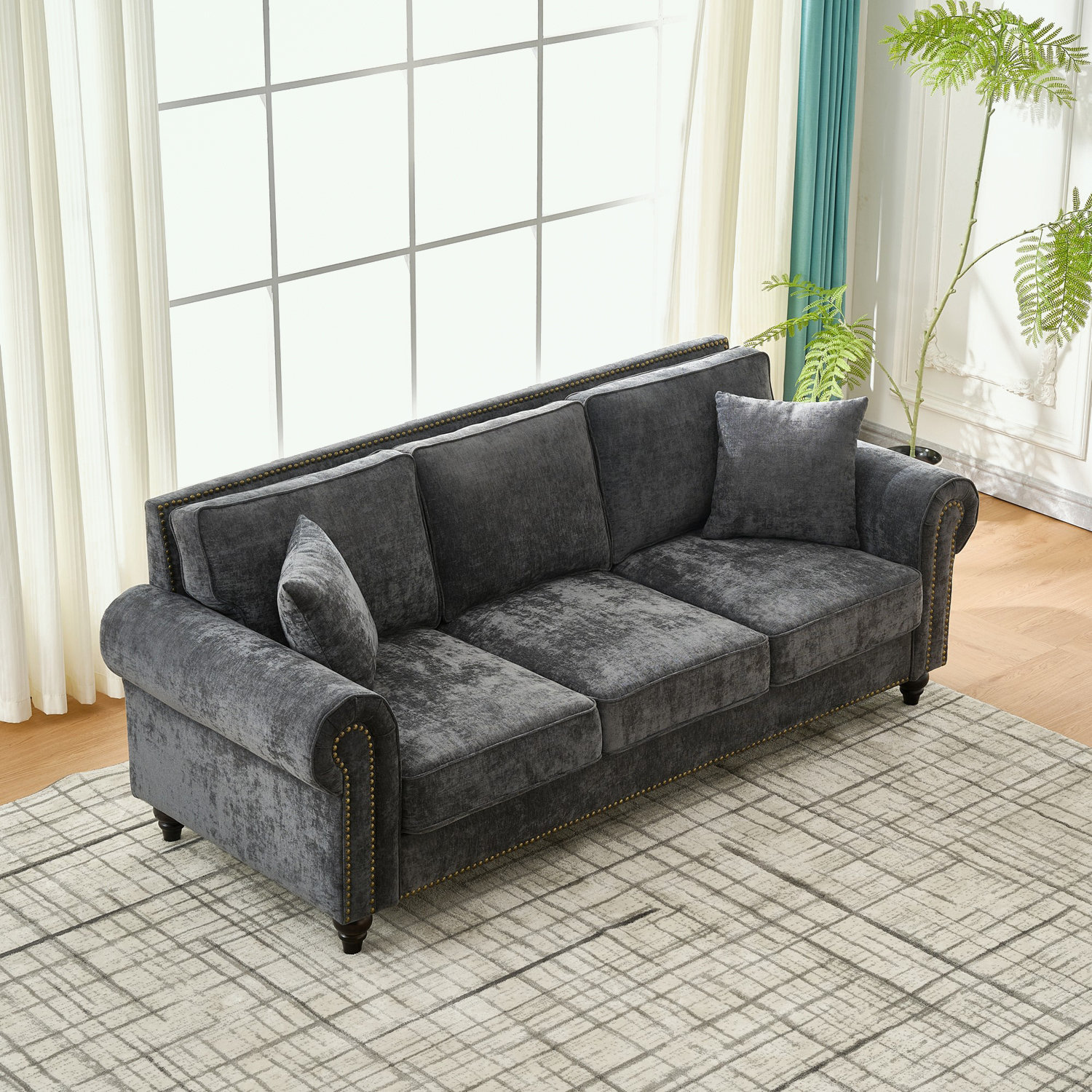 Alcott Hill® Chenille Sofa with Rolled Arms and Nailhead Trim | Wayfair
