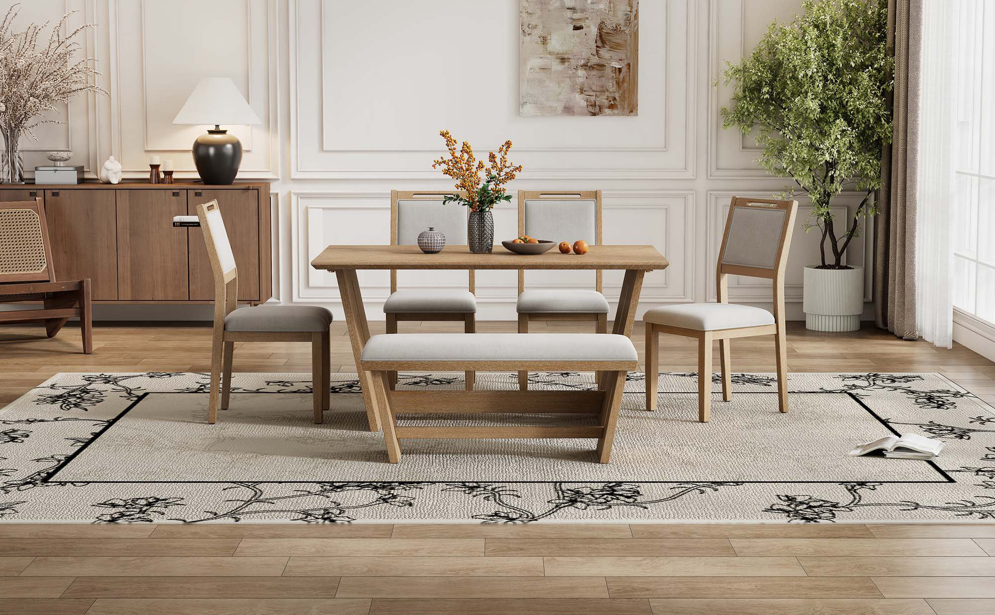 Gracie Oaks 6-Piece Retro Dining Table Set for 6, 60" Wood Kitchen ...