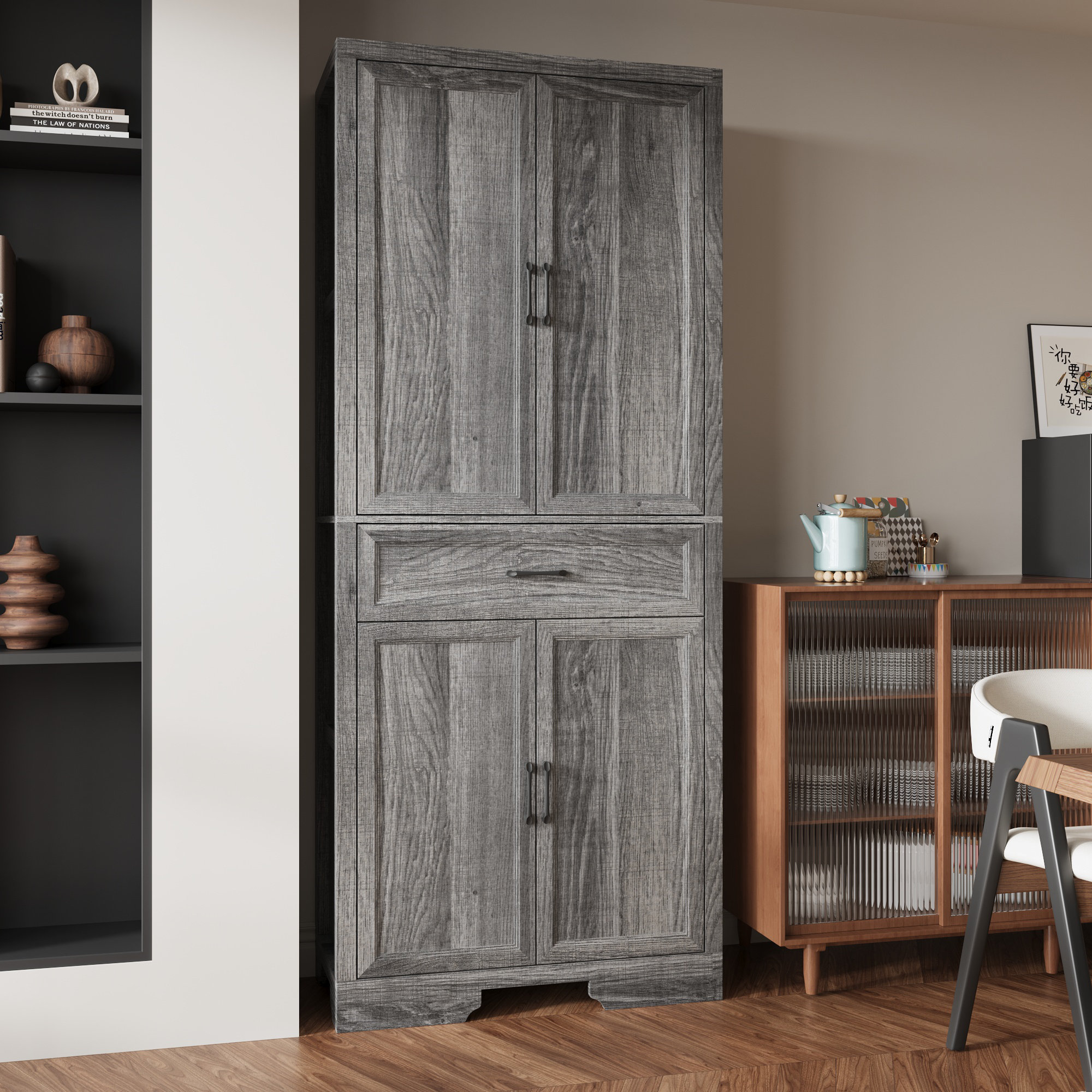 Gracie Oaks Tall Pantry Cabinet With 4 Doors, 1 Drawer And Shelves, P2 ...