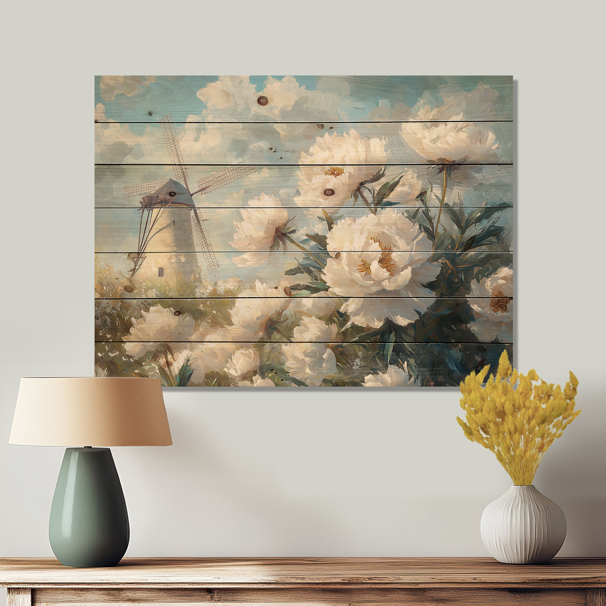Ophelia & Co. Peonies And The Windmill II - Peonies Wood Wall Decor - On Natural Pine Wood ...