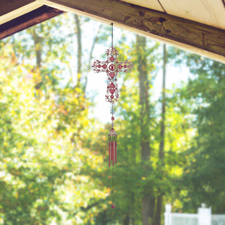Arlmont & Co. Ridler 38" Long Pink Cross Wind Chime with Copper Gem ...
