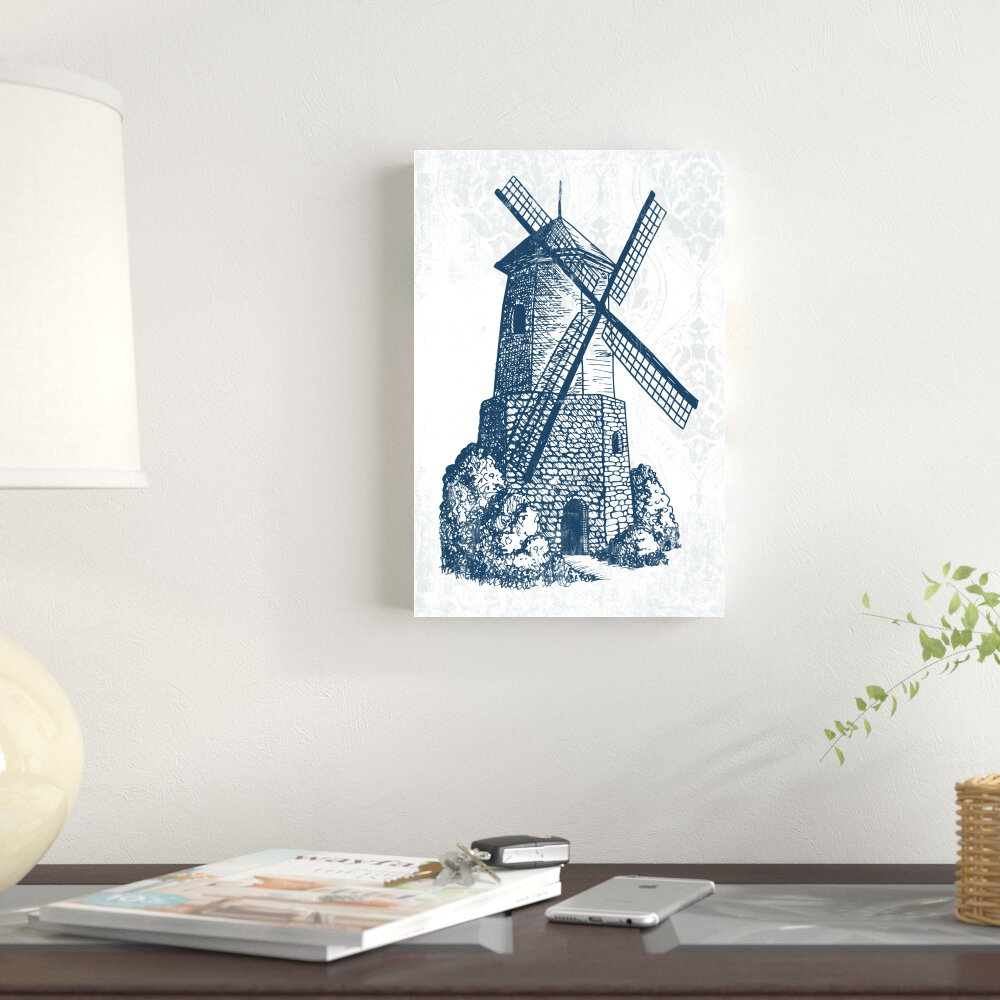 August Grove Navy Windmill Toile Background Print On Canvas - Wayfair ...