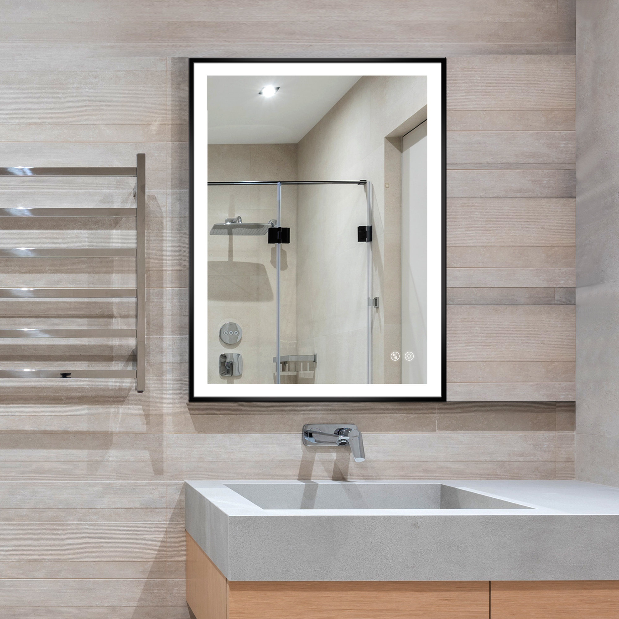 Orren Ellis Rectangle LED Mirror, Framed Vanity Mirror With Anti Fog ...