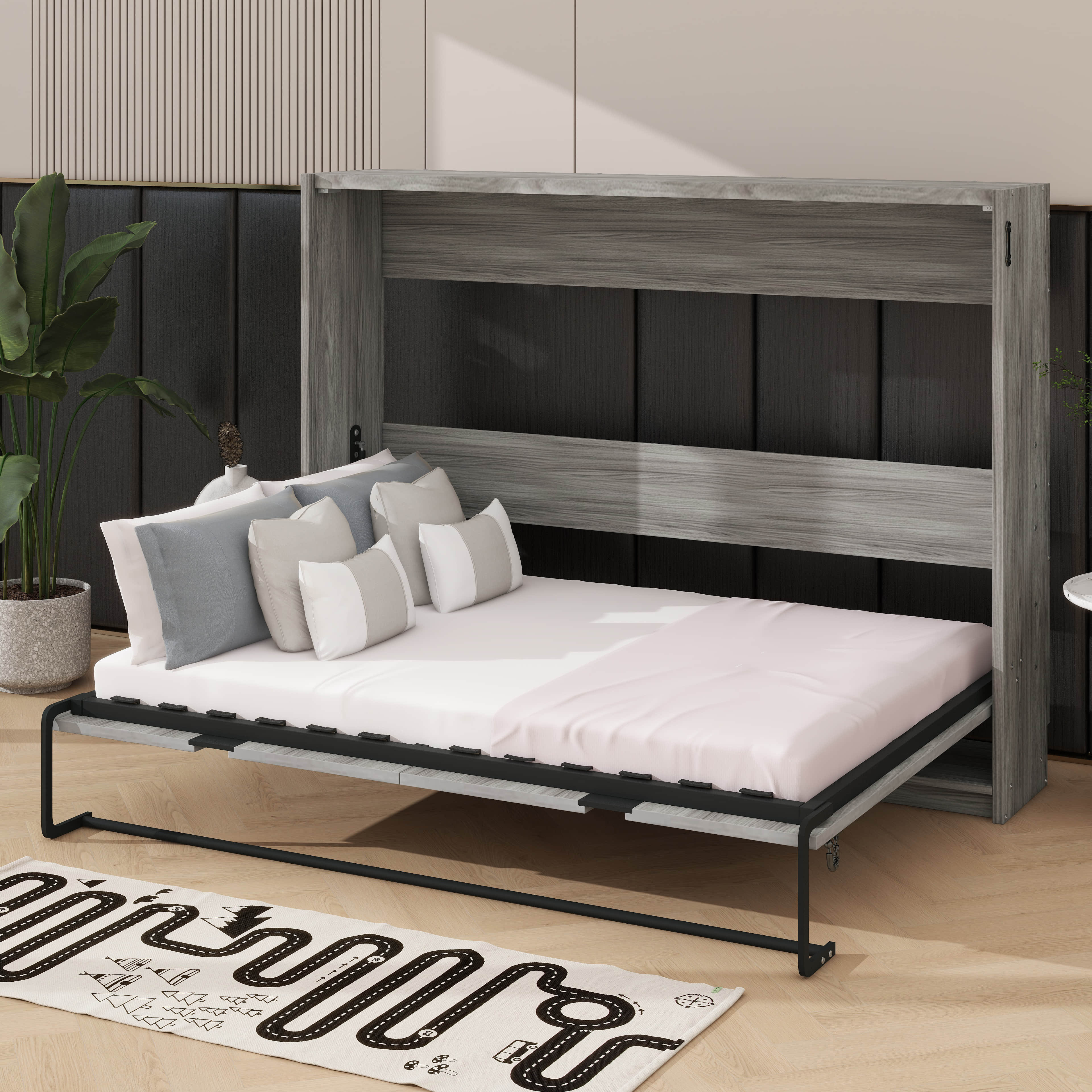 Gracie Oaks Full-Size Horizontal Murphy Bed In Rustic Farmhouse Design ...