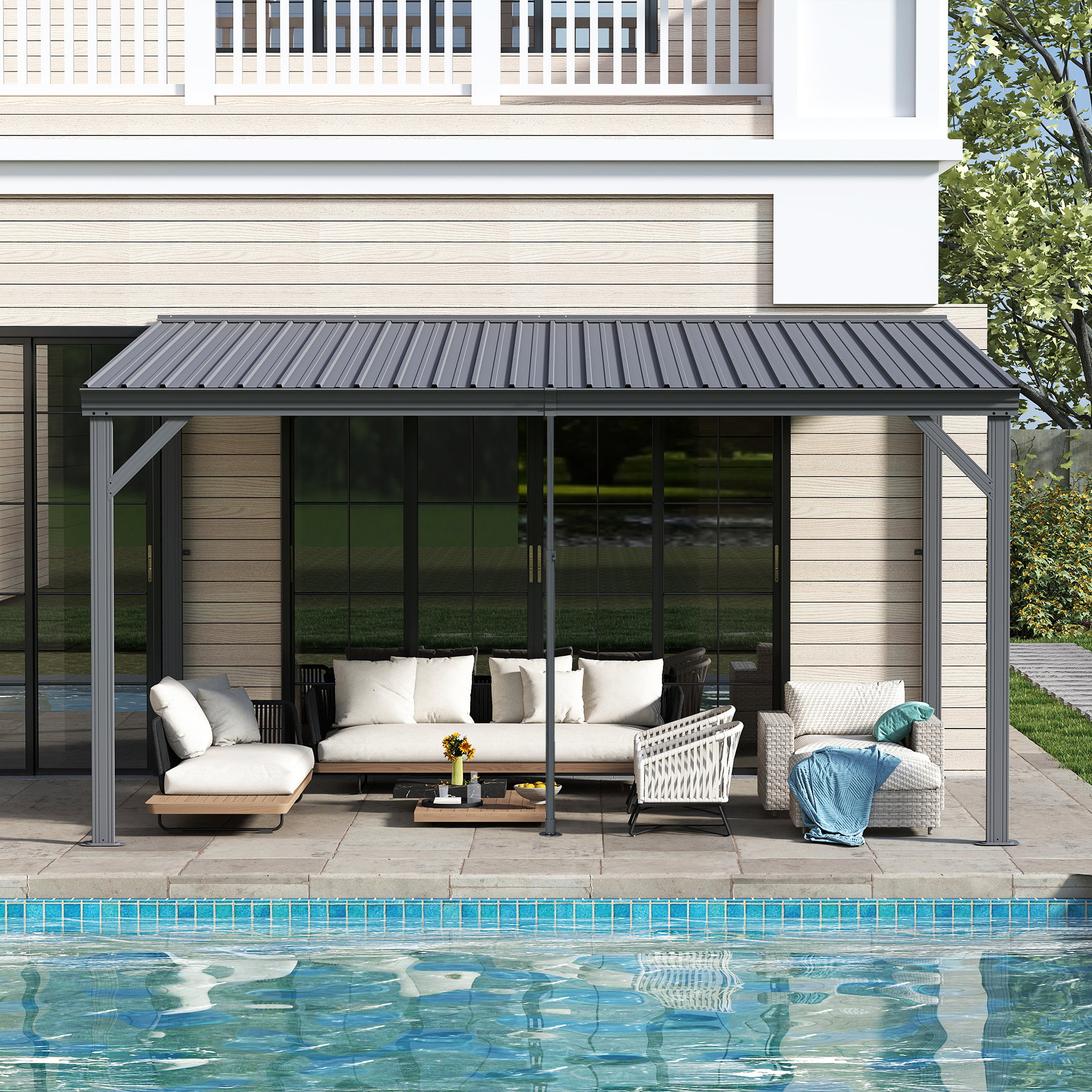 Domi Louvered Patio Gazebo Lean to Wall Mounted Pergola with Sloping ...