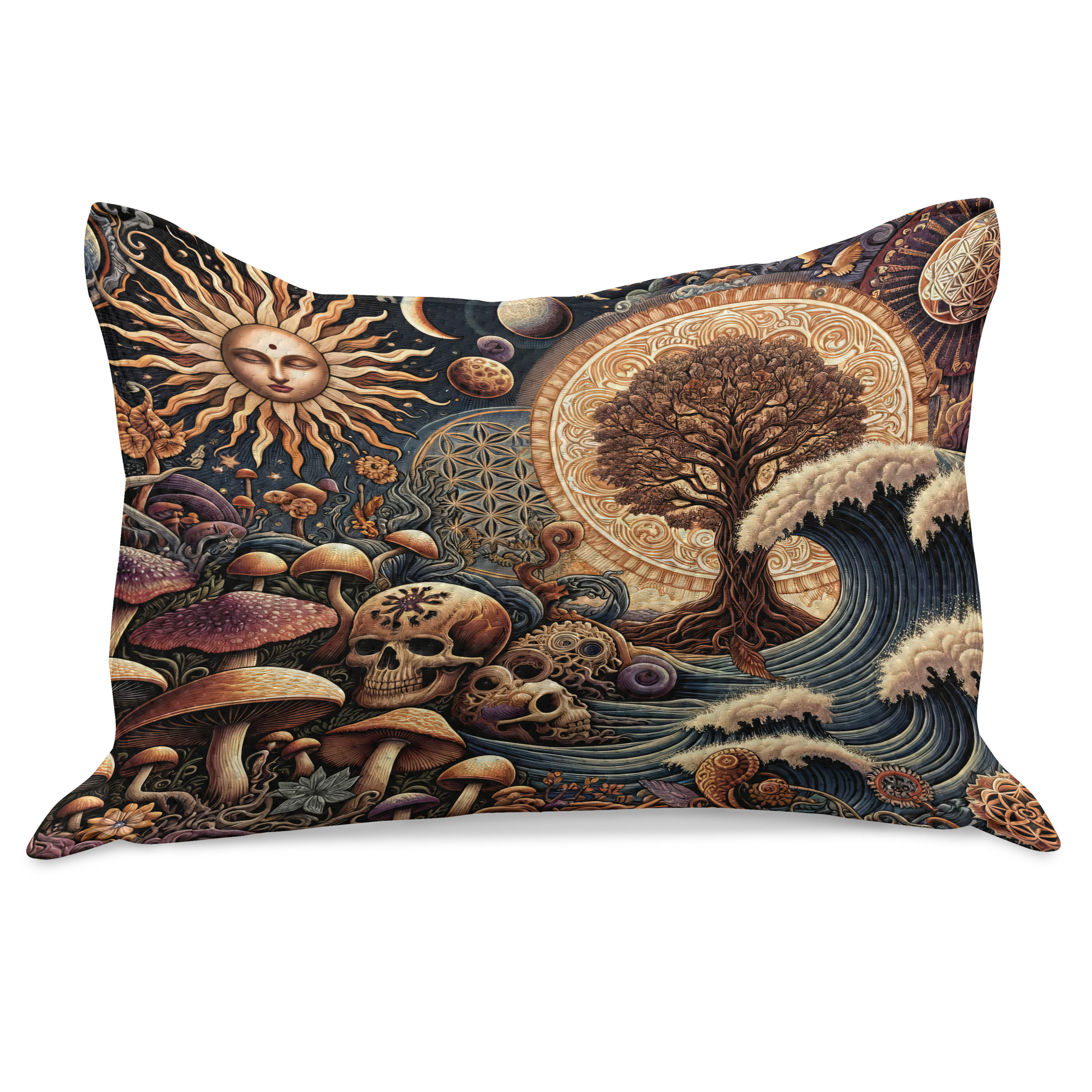 Ambesonne Earthy Boho Quilt Pillow Cover Gothic Woods Waves Sun Dark ...