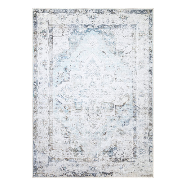 Bungalow Rose Washable Non-Slip Traditional Area Rug - Blue / Beige Rug ...