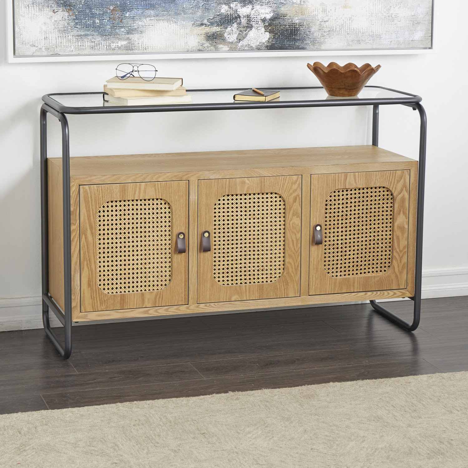 Bay Isle Home™ Wellow Wooden 3 Door Brown Console Table with Cane Front ...