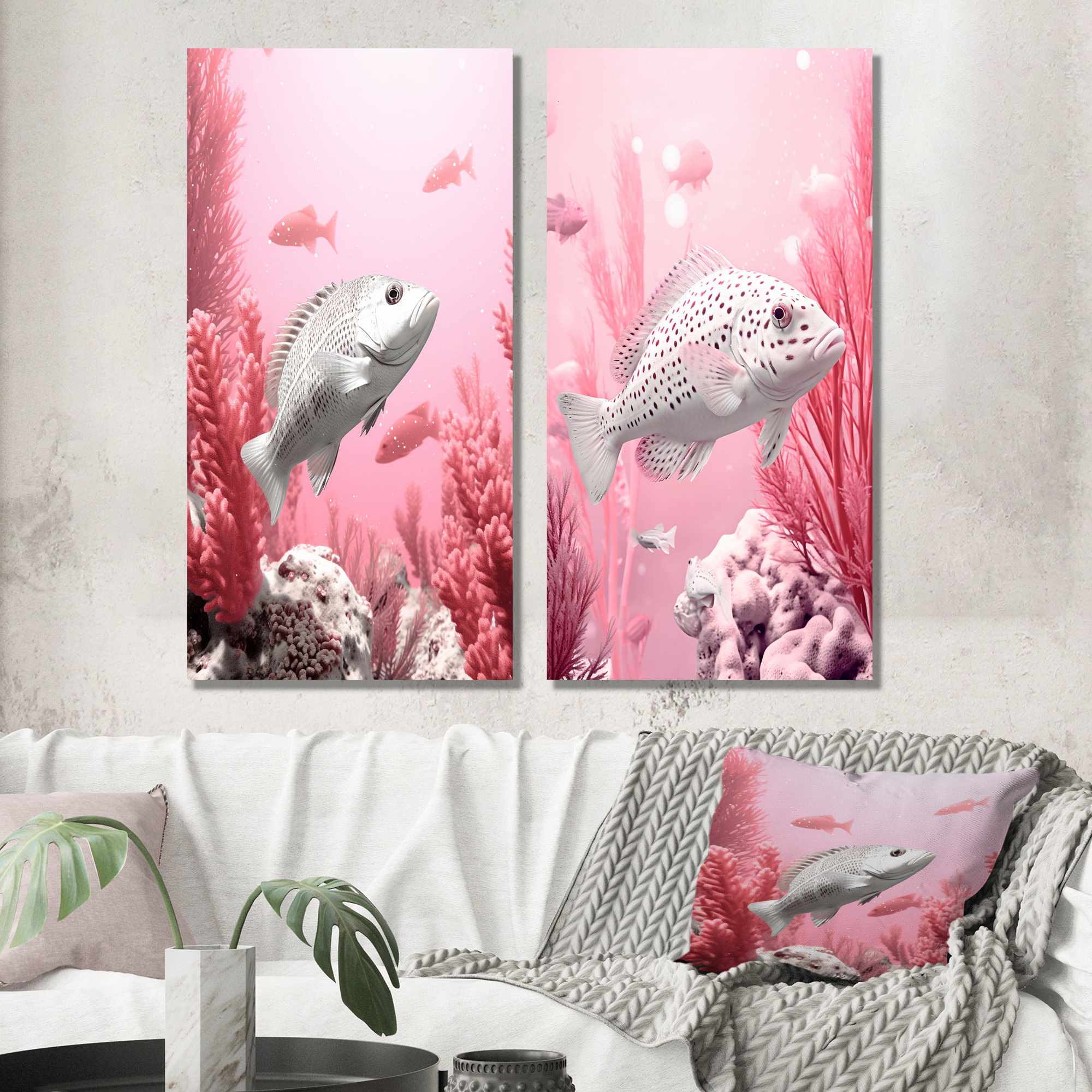 Dovecove Monochrome Pink And White Fish Crawl - Coastal Coral Under ...