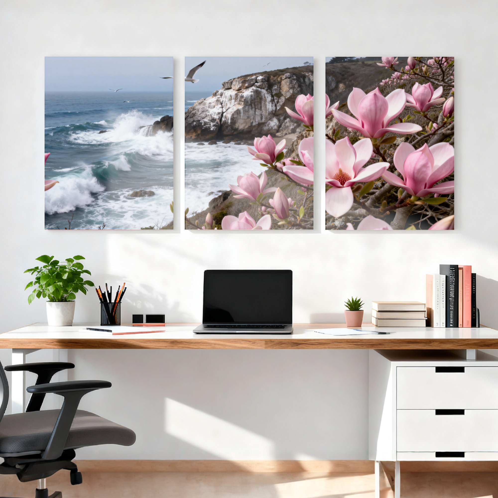 Winston Porter Ocean Waves And Pink Flowers Canvas Wrapped Wall Art Oil ...