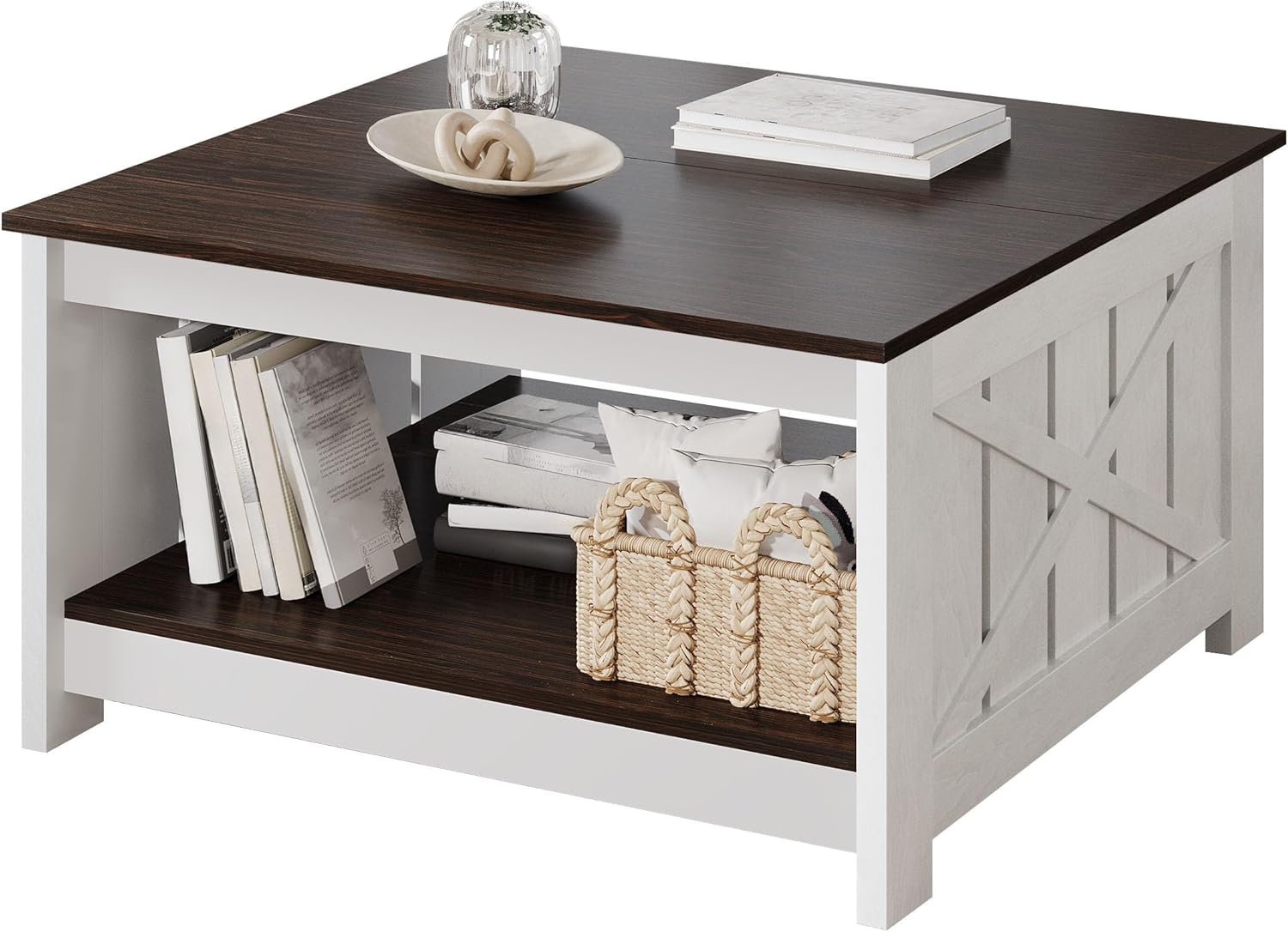 Ophelia & Co. Farmhouse Coffee Table With Storage, 2 Tiers Rustic Wood Cocktail Table, Square ...