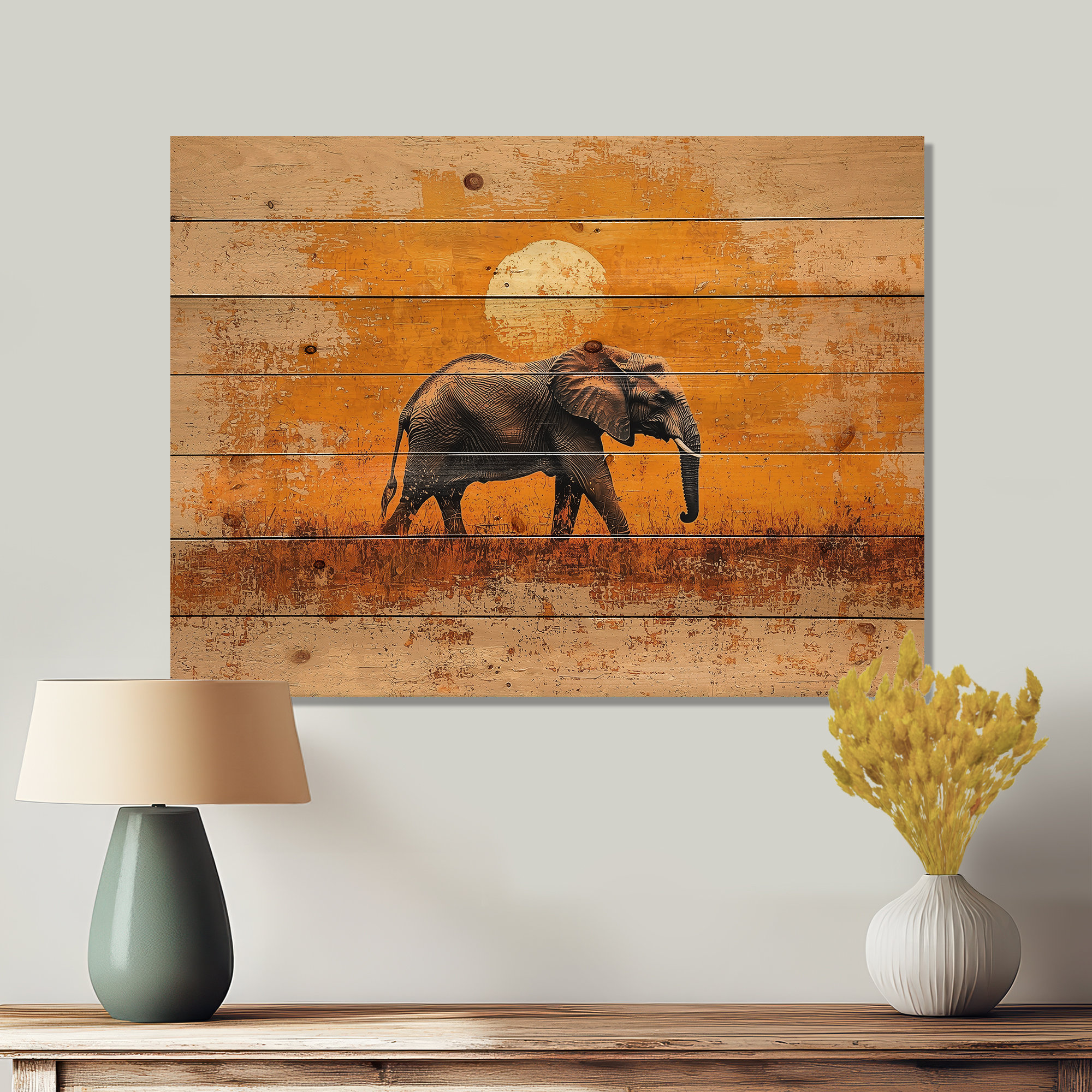 Ophelia & Co. Sunset Elephant In The Golden Desert I - Elephant Animal ...