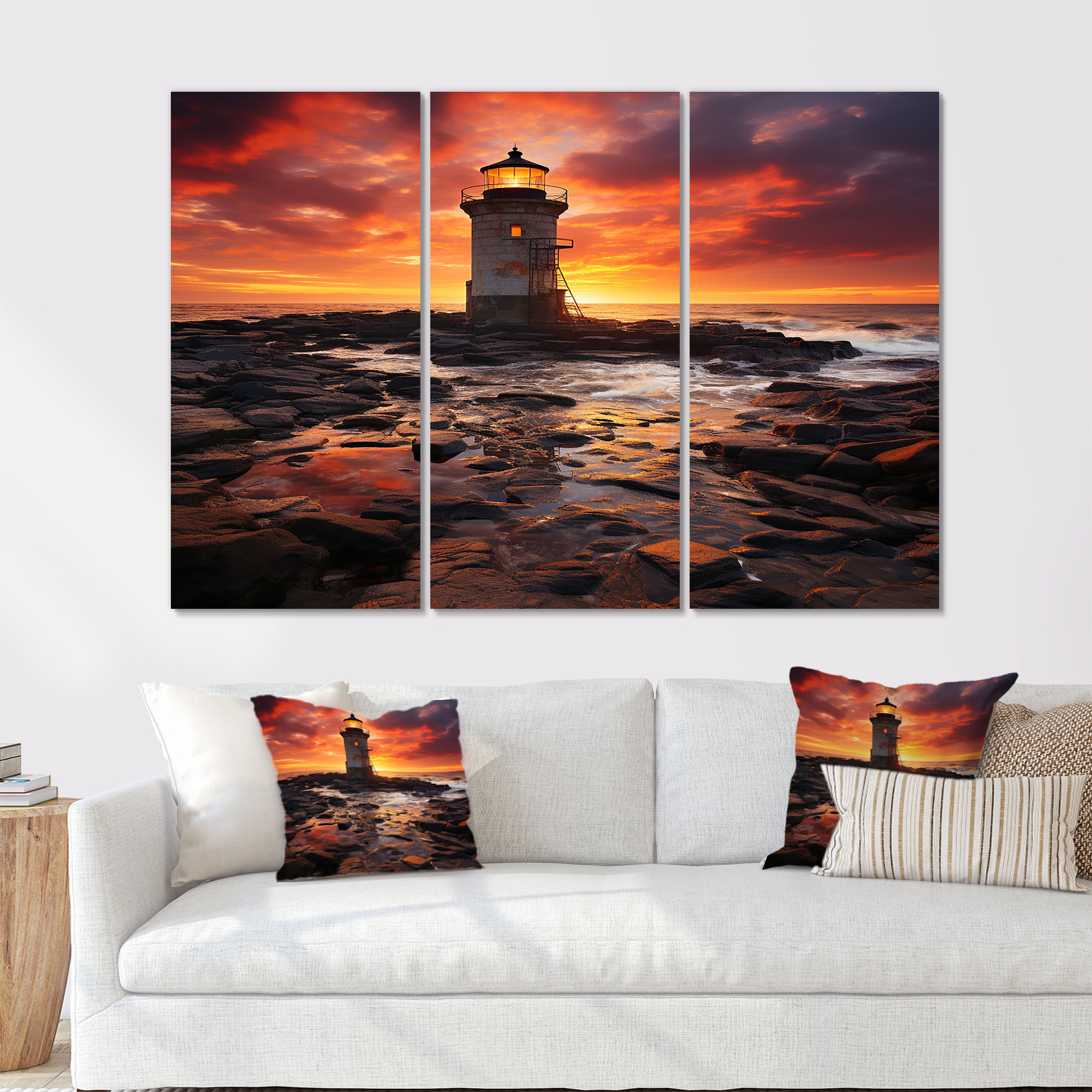 Design Art Lighthouse On The Rock Swarm Red Ocean Sunset - Lighthouses ...
