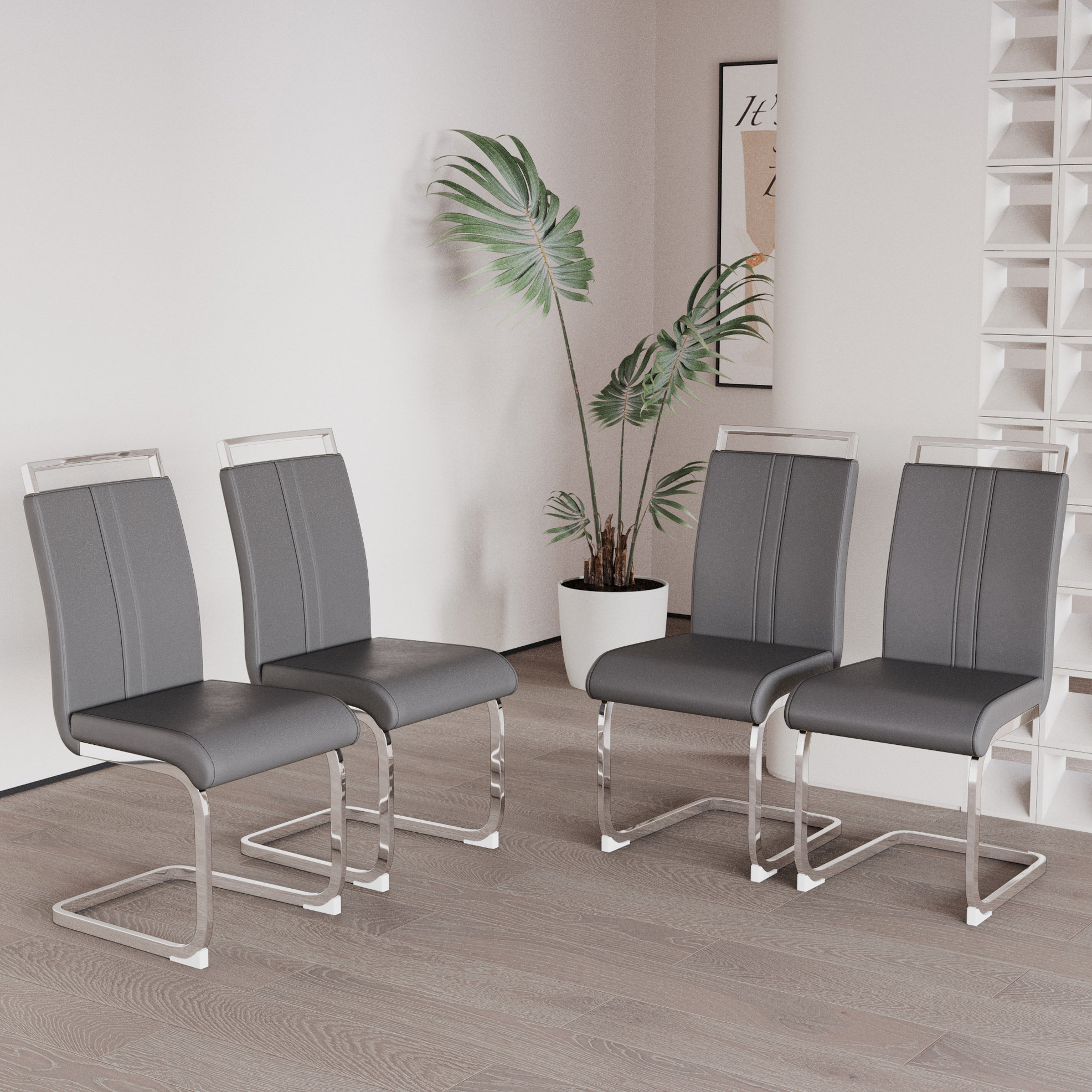 Hokku Designs Of 4 Grey Pu Faux Leather High Back Dining Chairs With ...