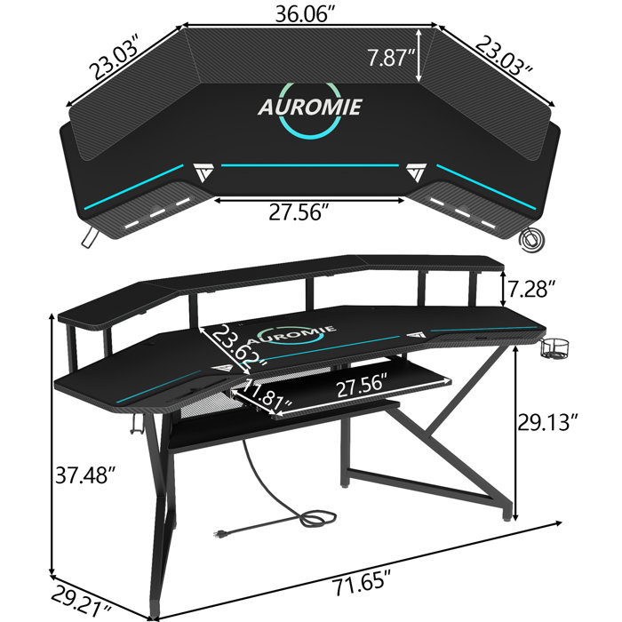 Inbox Zero Berlanga Gaming Desk with Power Outlet & Led Strip, Large ...