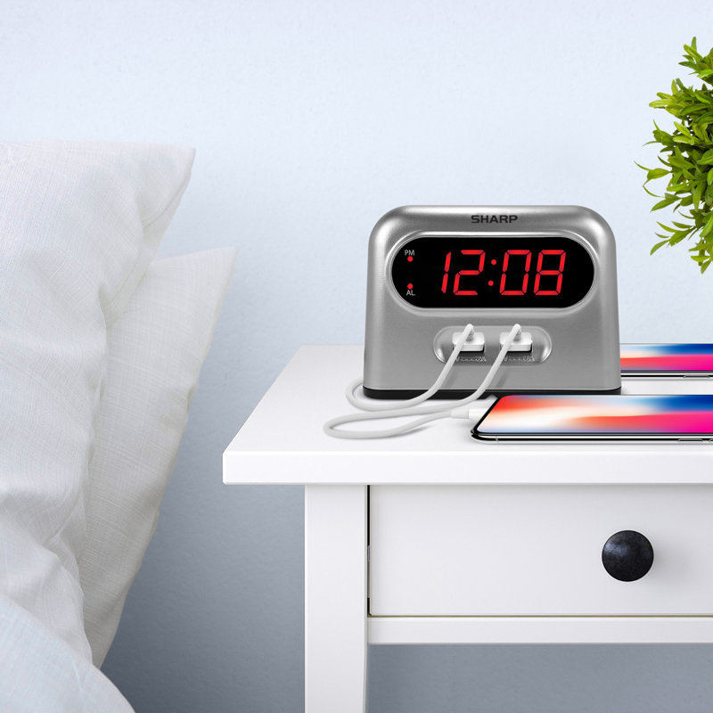 Sharp Digital Electric Alarm Clock with 2 FastCharge USB Ports, Silver ...