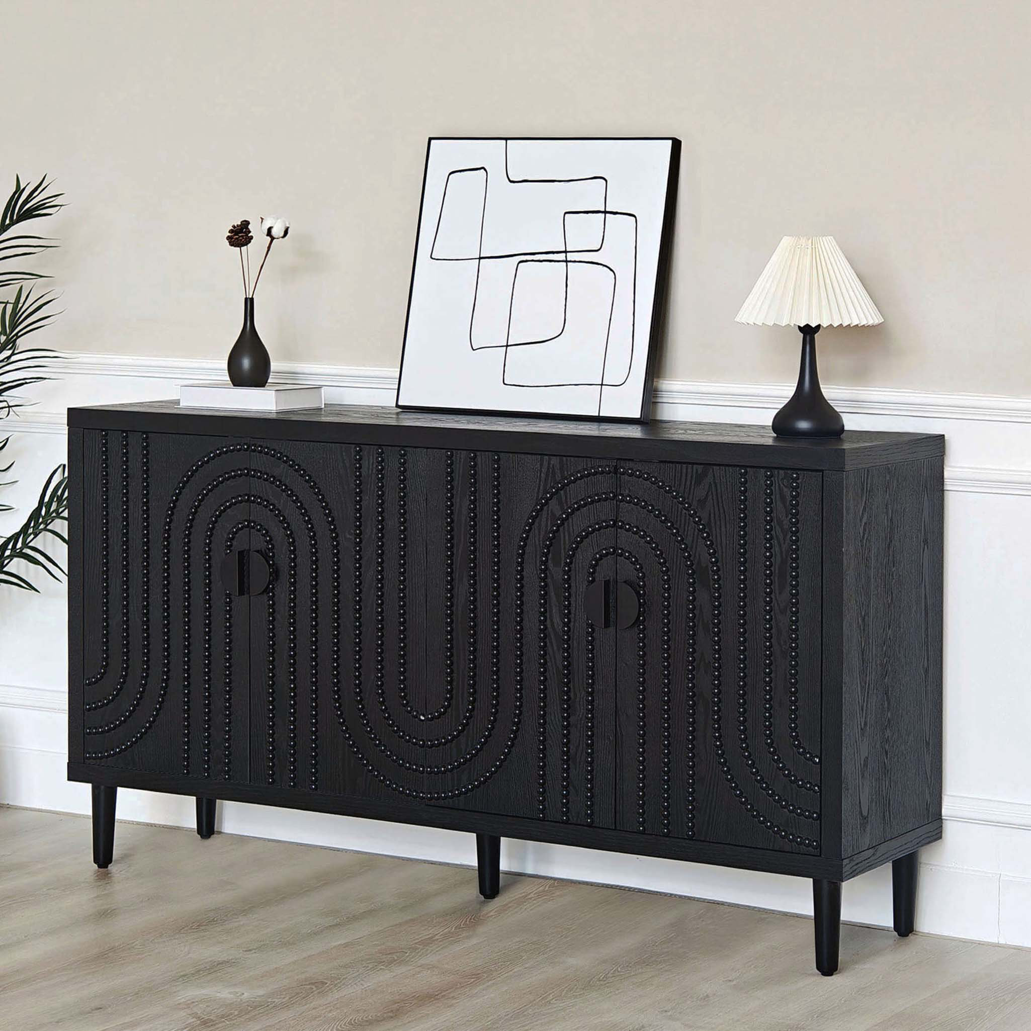 Ebern Designs Modern Black Sideboard Cabinet with Decorative Nailhead ...
