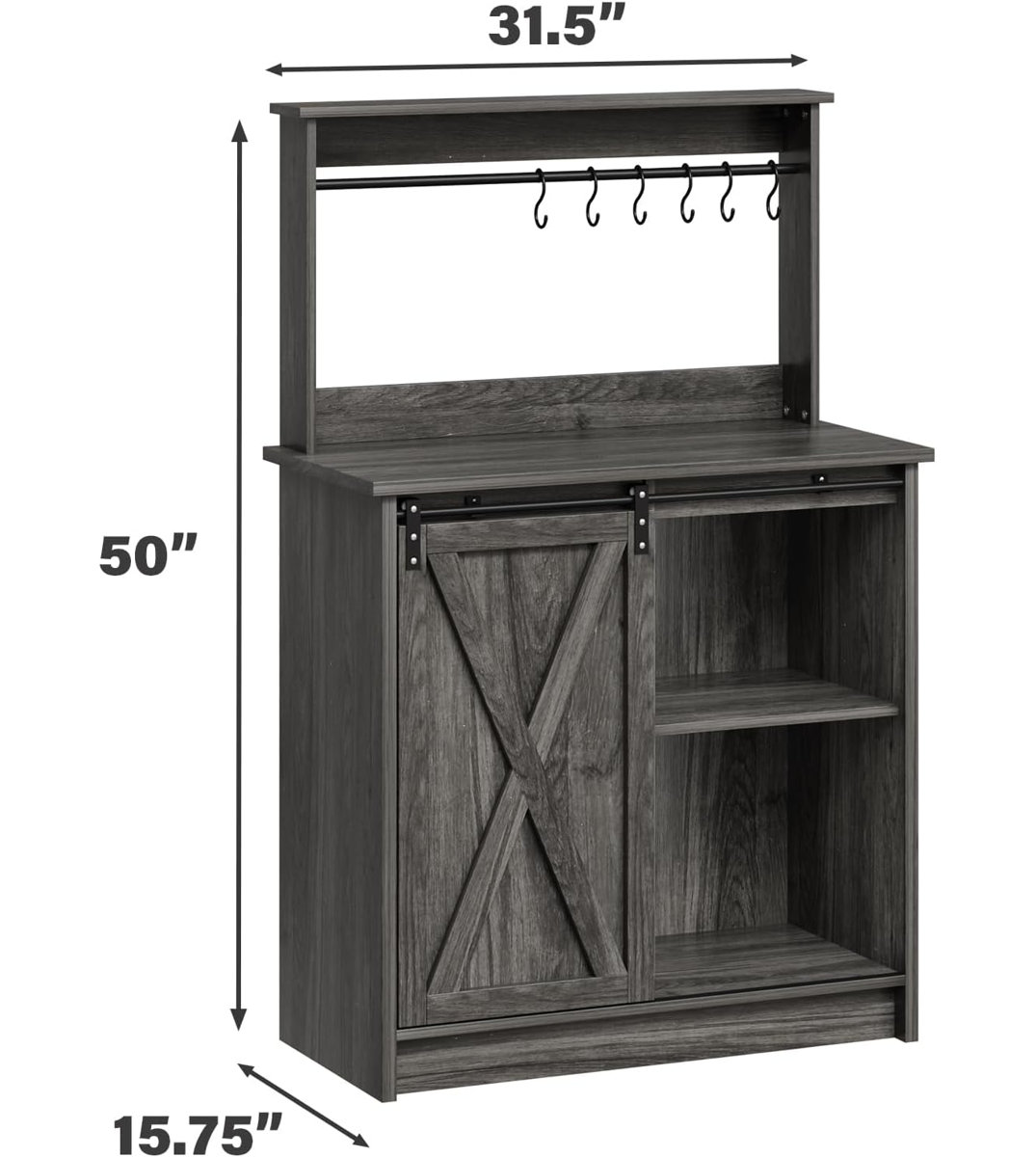Gracie Oaks Farmhouse Coffee Bar Cabinet with 6 Hooks, Coffee Bar Hutch ...
