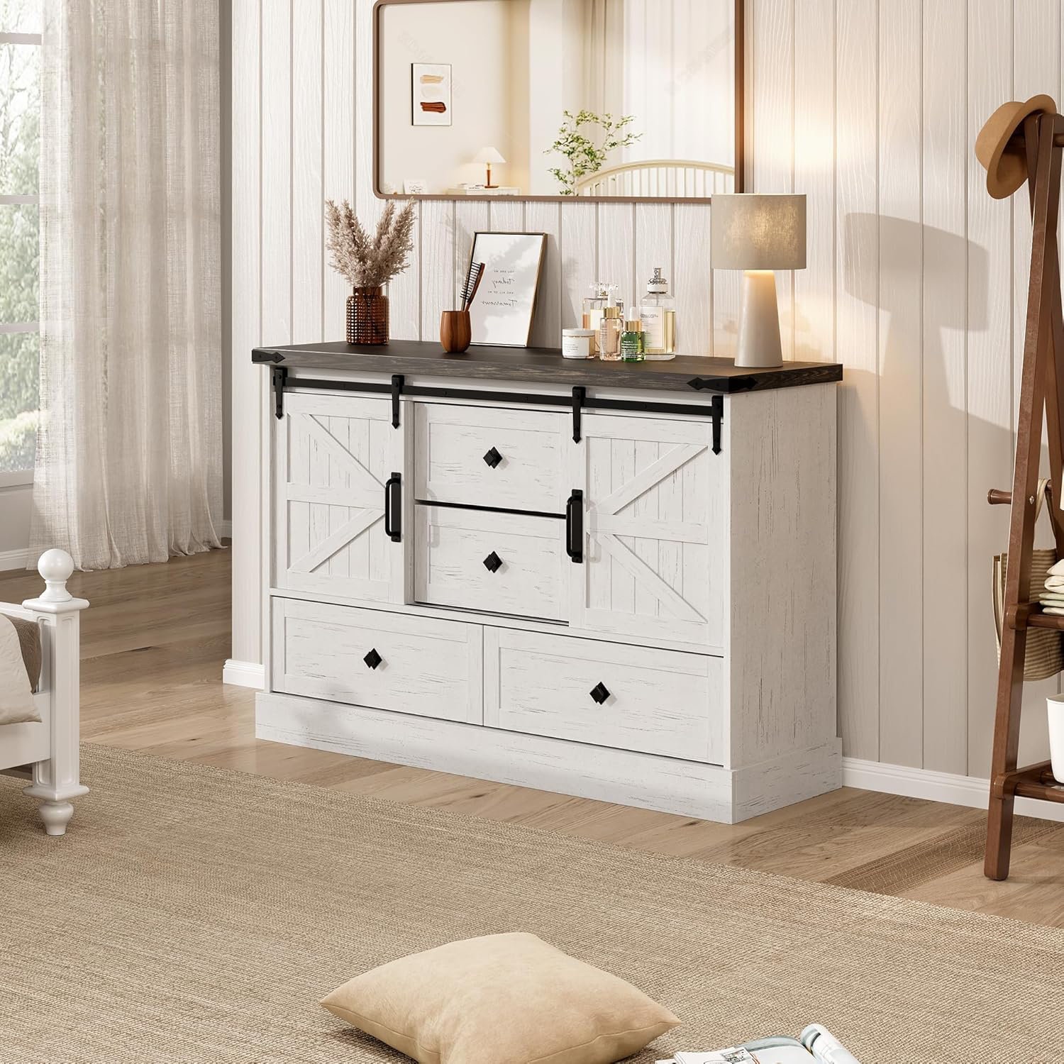 Gracie Oaks 45" Farmhouse 4 Drawer Dresser With Sliding Barn Doors ...
